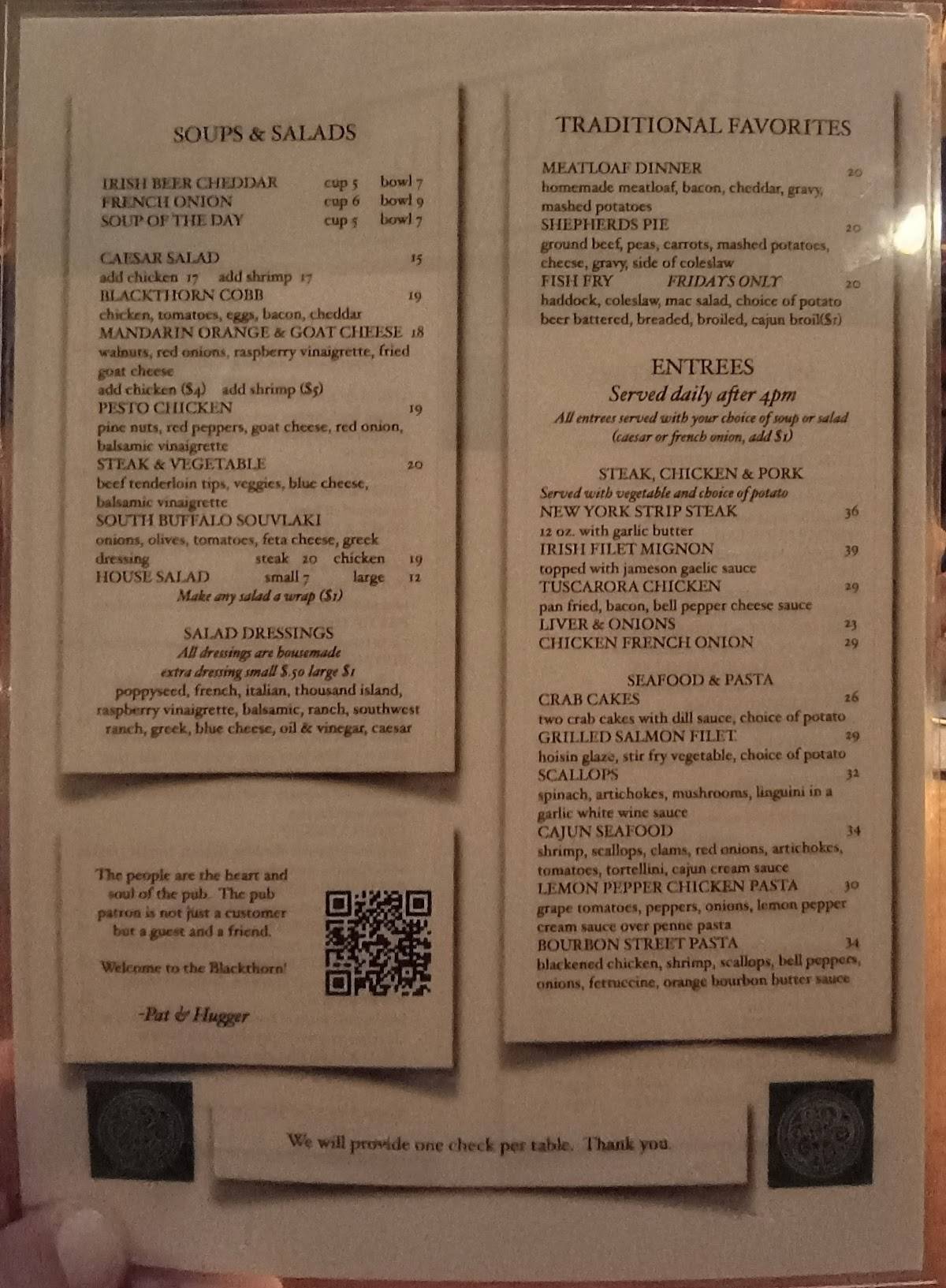Menu at The Blackthorn Restaurant & Pub, Buffalo