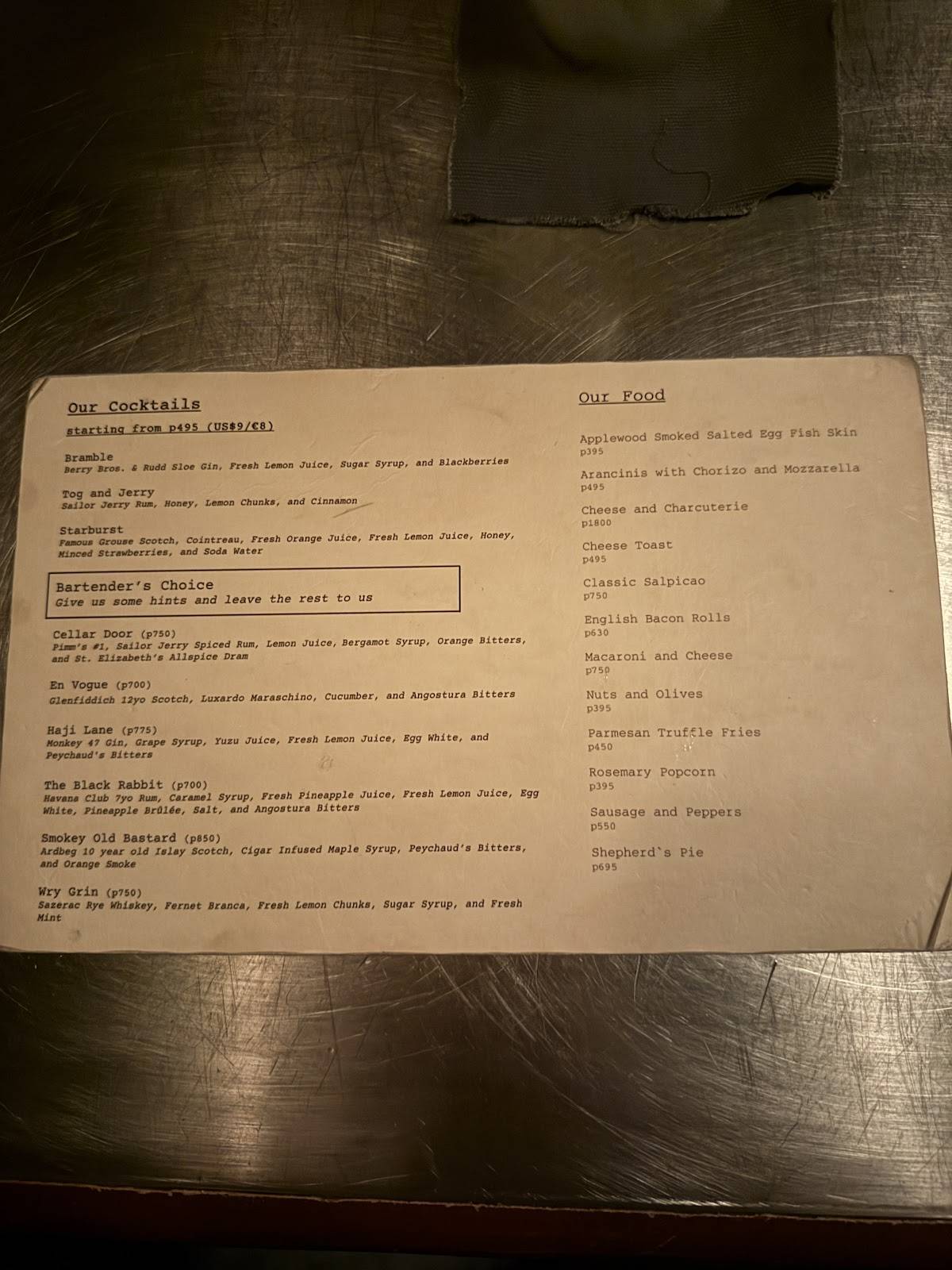Menu at The Blind Pig pub & bar, Makati