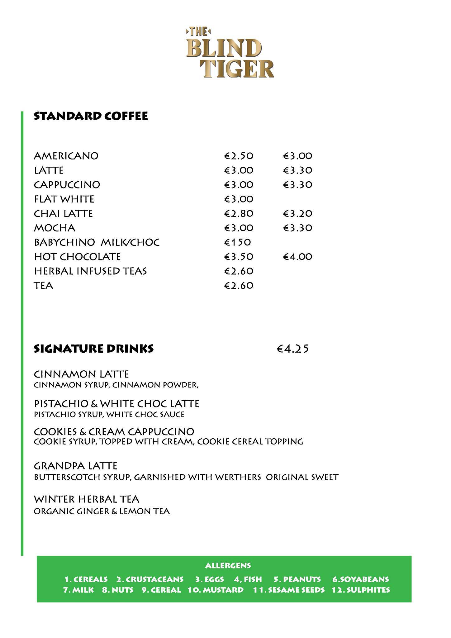 Menu at Blind Tiger pub & bar, Sligo