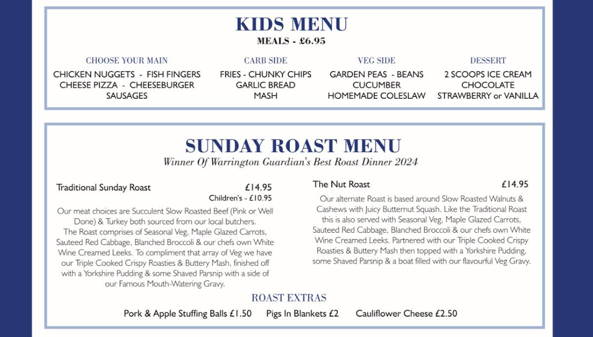 Menu at The Blue Bell pub & bar, Warrington