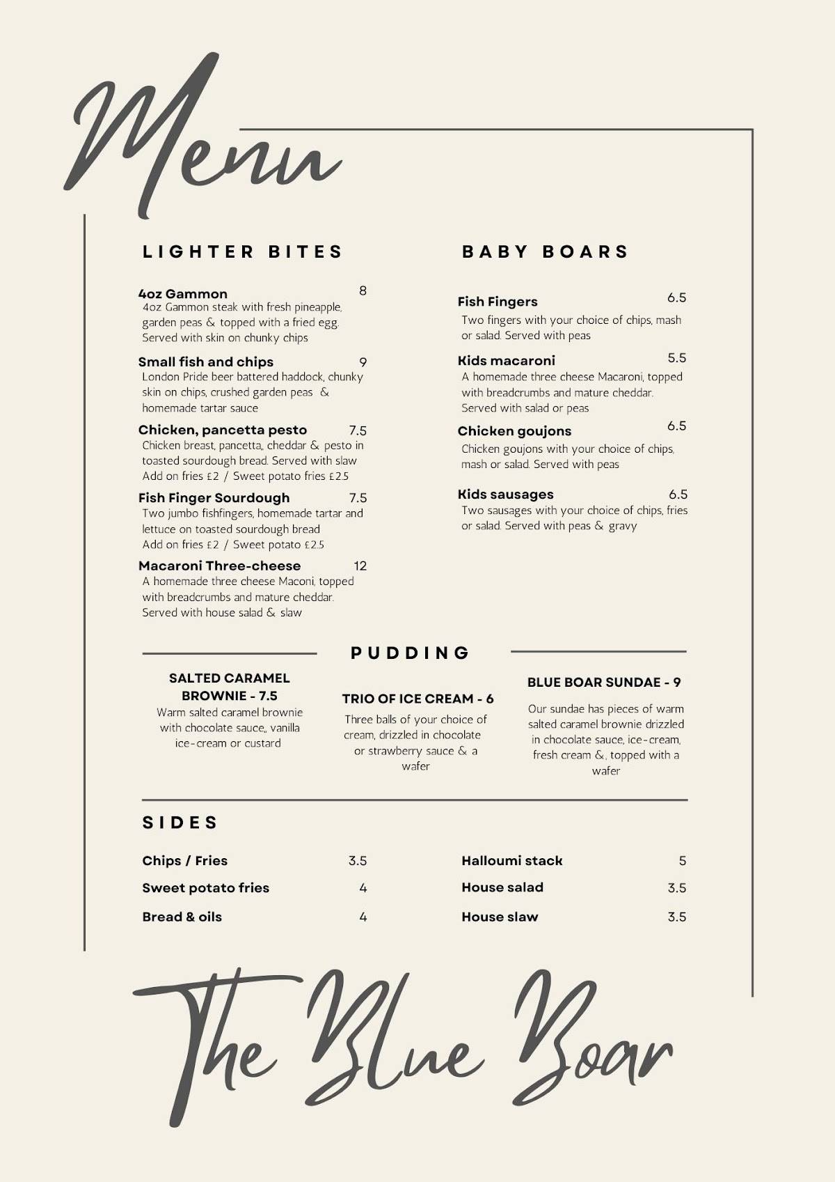 Menu at The Blue Boar Poole pub & bar, Poole