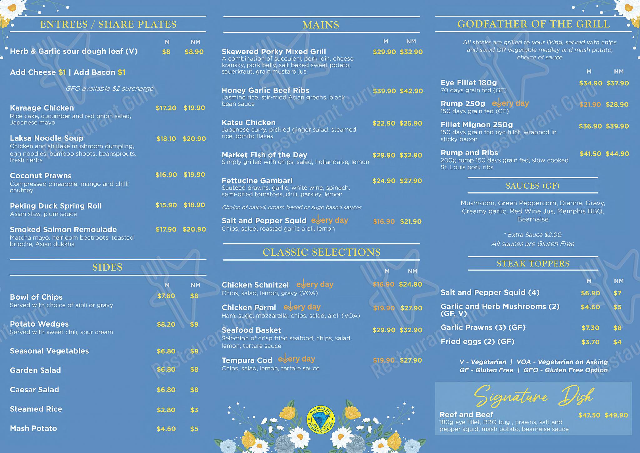 Menu at The Blue Fin Fishing Club, Inala