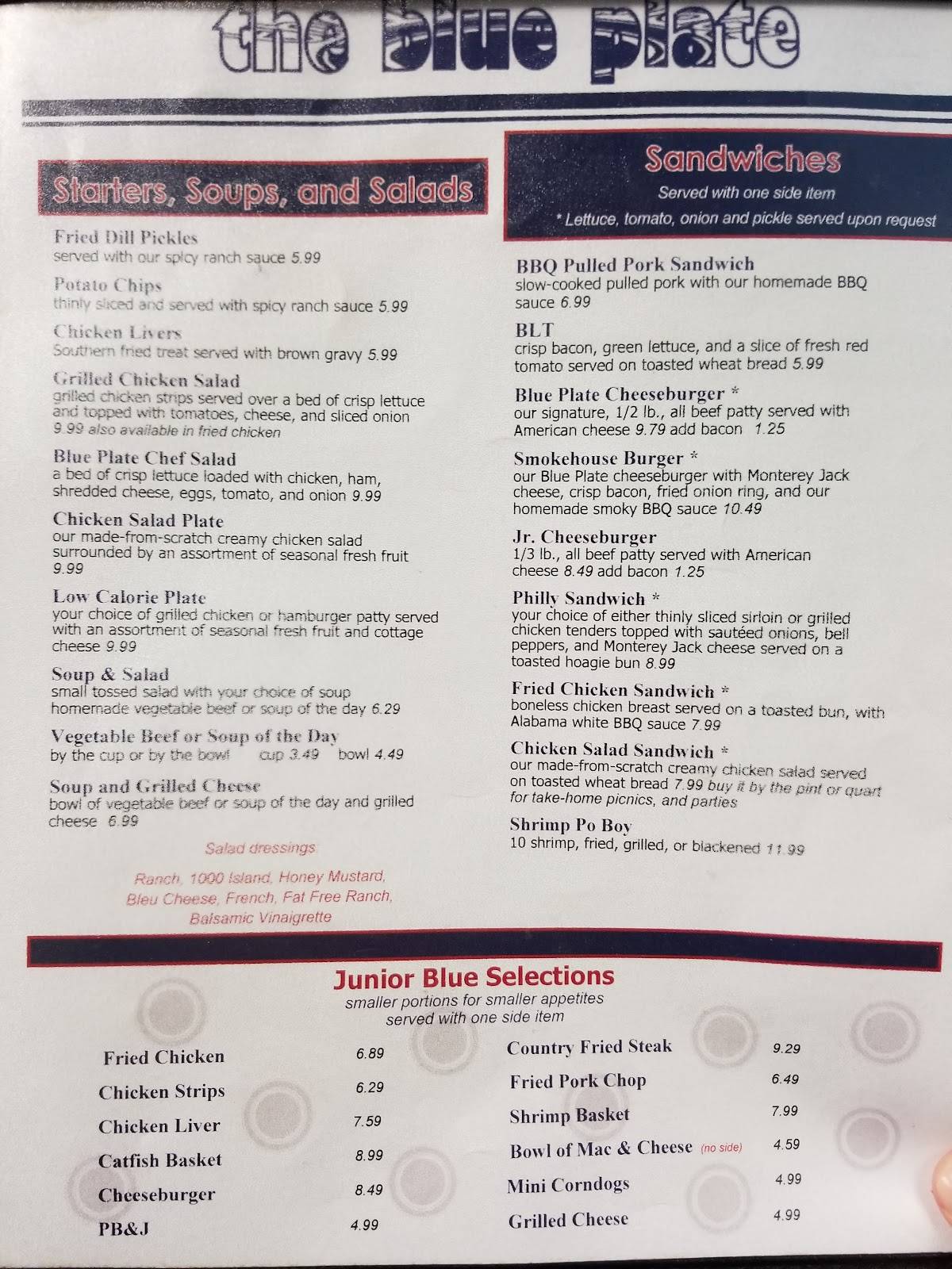 Menu at The Blue Plate - South restaurant, Dothan, Ross Clark Cir
