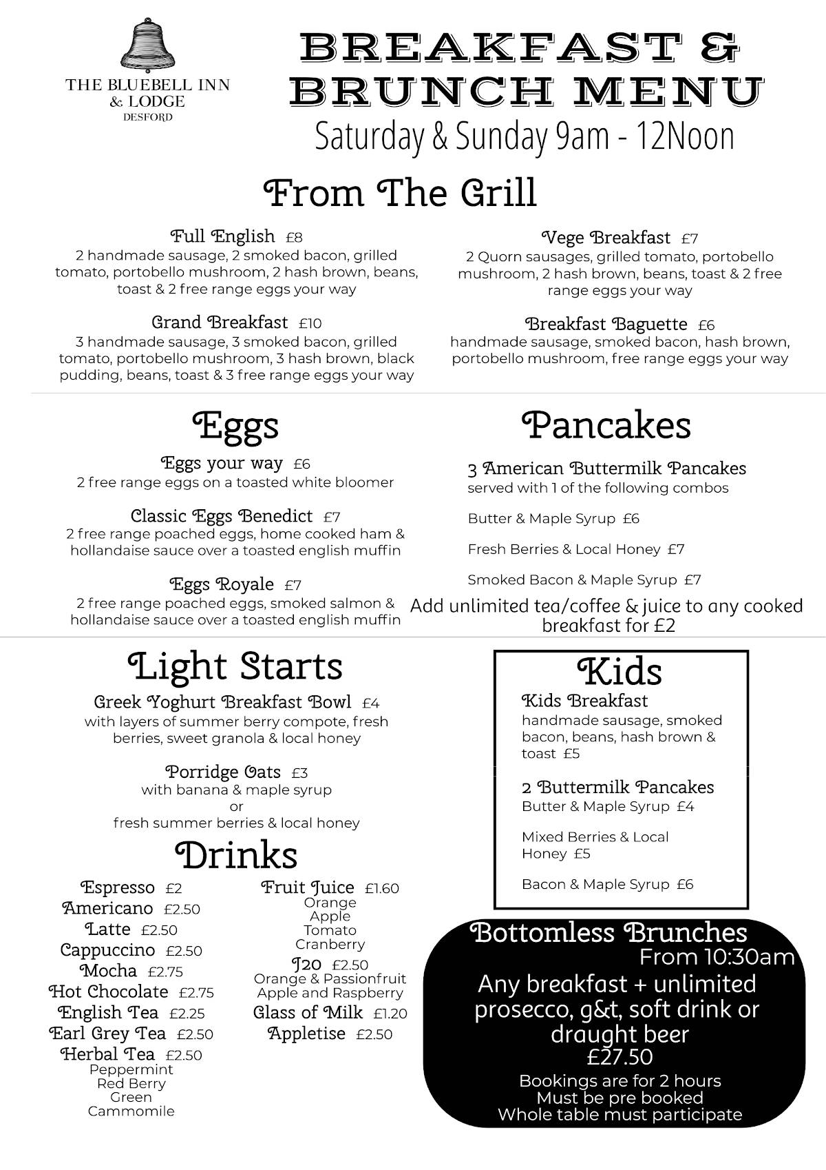 Menu at The Bluebell Inn and Lodge pub & bar, Botcheston