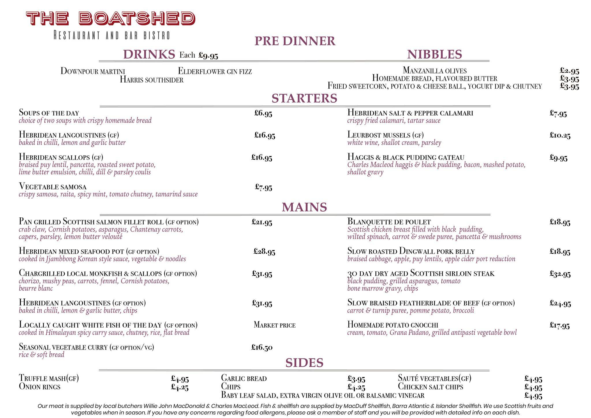 Menu at The Boatshed Restaurant, Stornoway, Cromwell St
