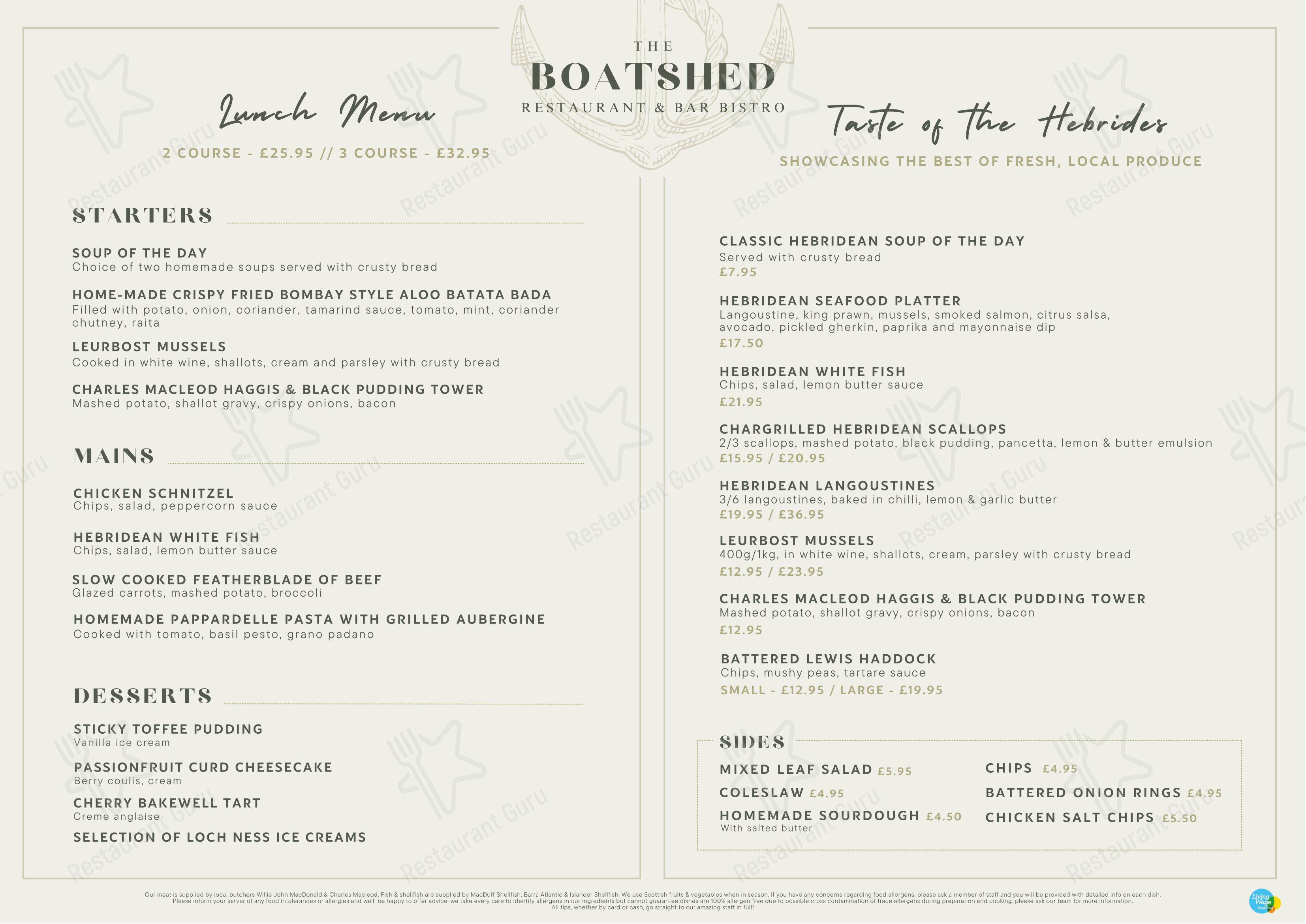 Menu at The Boatshed Restaurant, Stornoway, Cromwell St