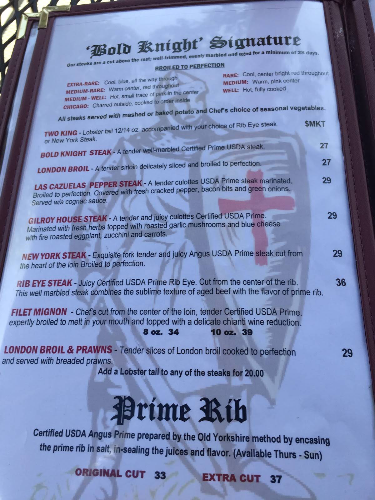 Menu at The Bold Knight Steak House steakhouse, San Jose, 840 N First ...