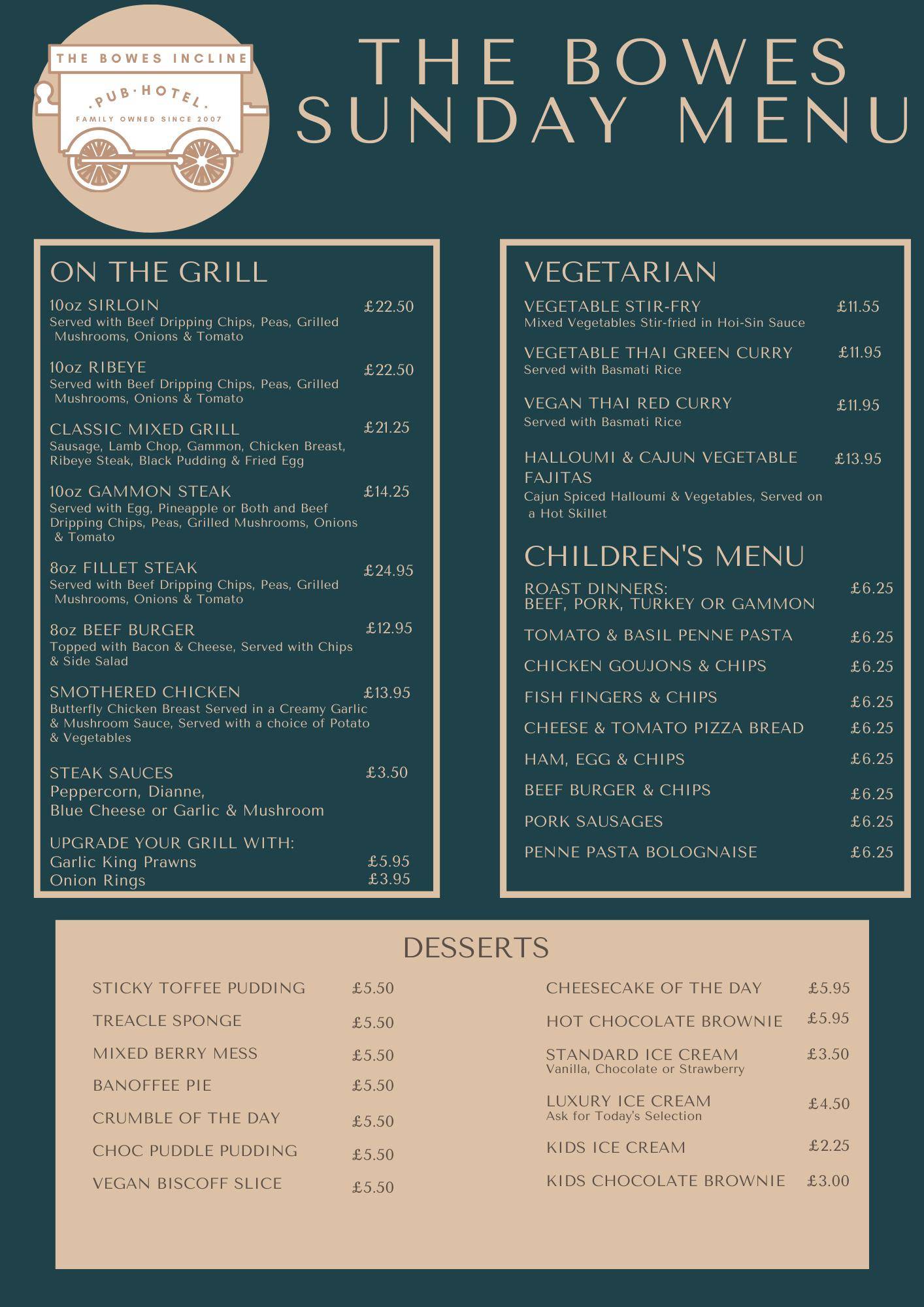 Menu at The Bowes Incline pub & bar, Gateshead