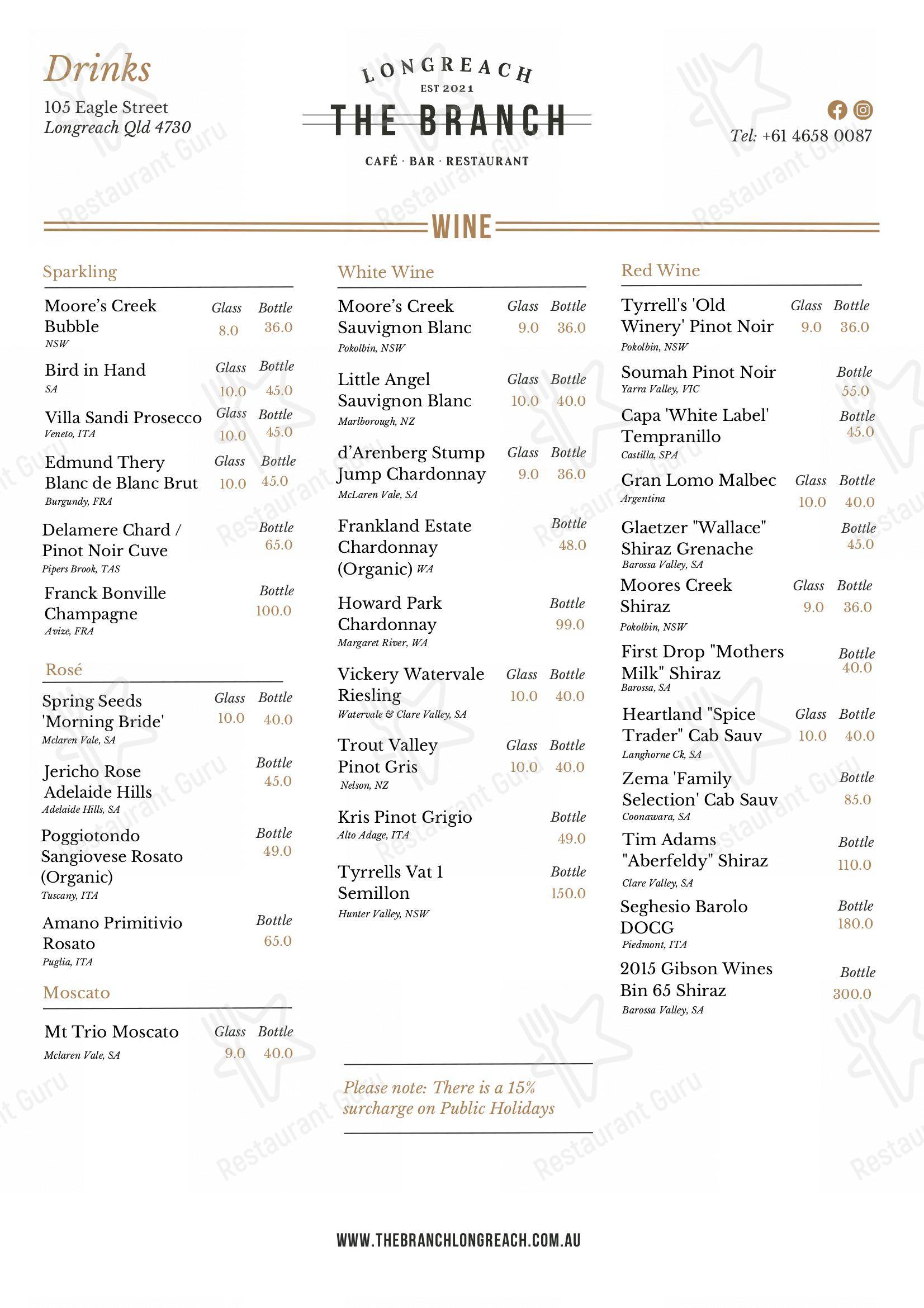 Carta de The Branch Restaurant, Longreach