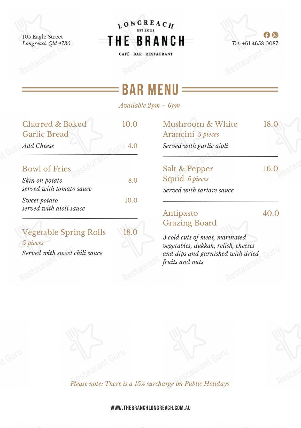Carta de The Branch Restaurant, Longreach