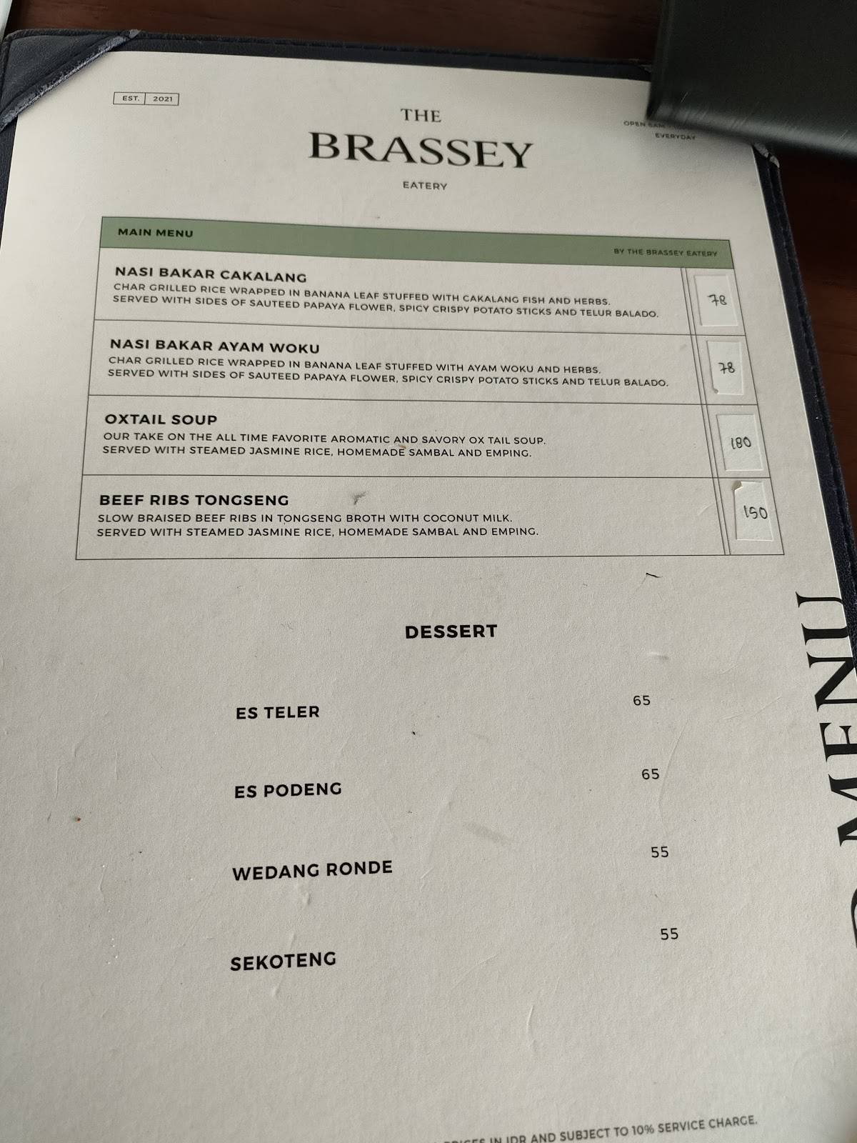 Menu at The Brassey Club House - PIK, Jakarta