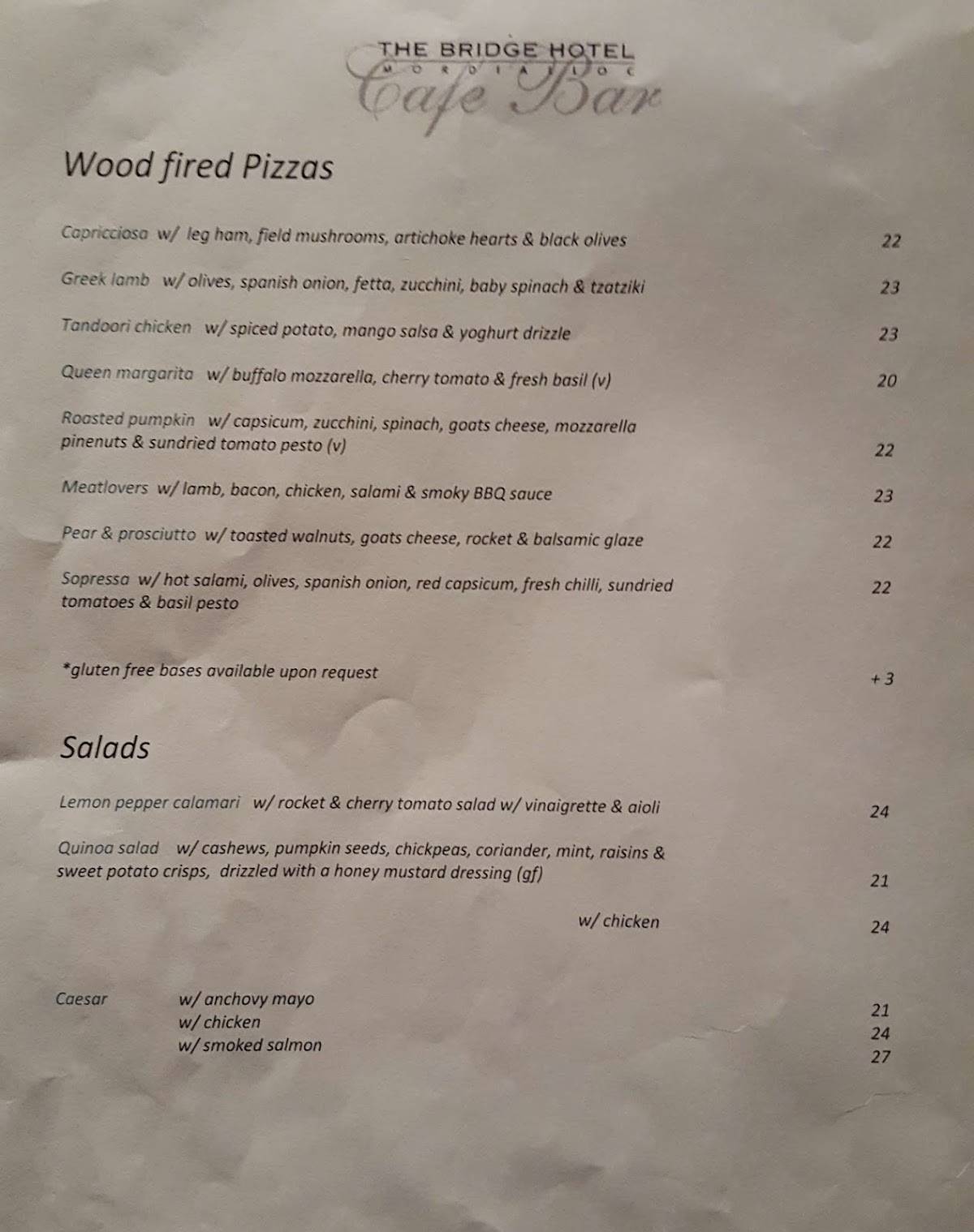 Menu at The Bridge Hotel Mordialloc cafe, Aspendale
