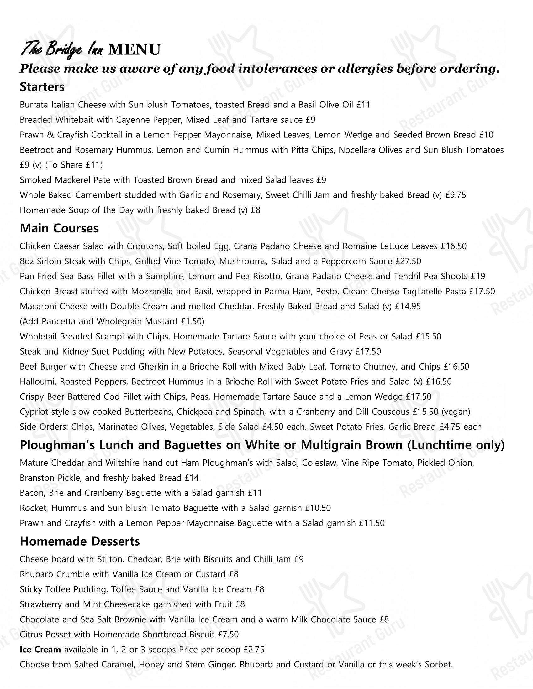 Menu at The Bridge Inn pub & bar, Arundel