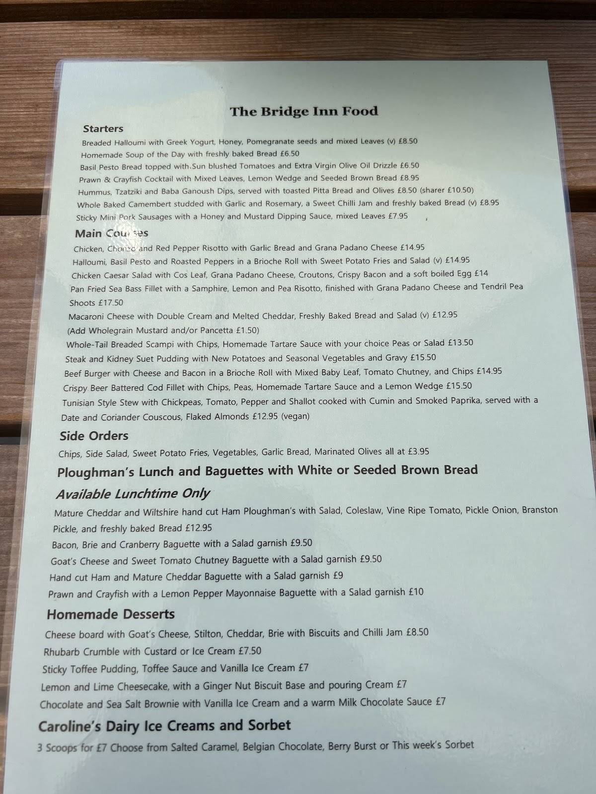 Menu at The Bridge Inn pub & bar, Amberley