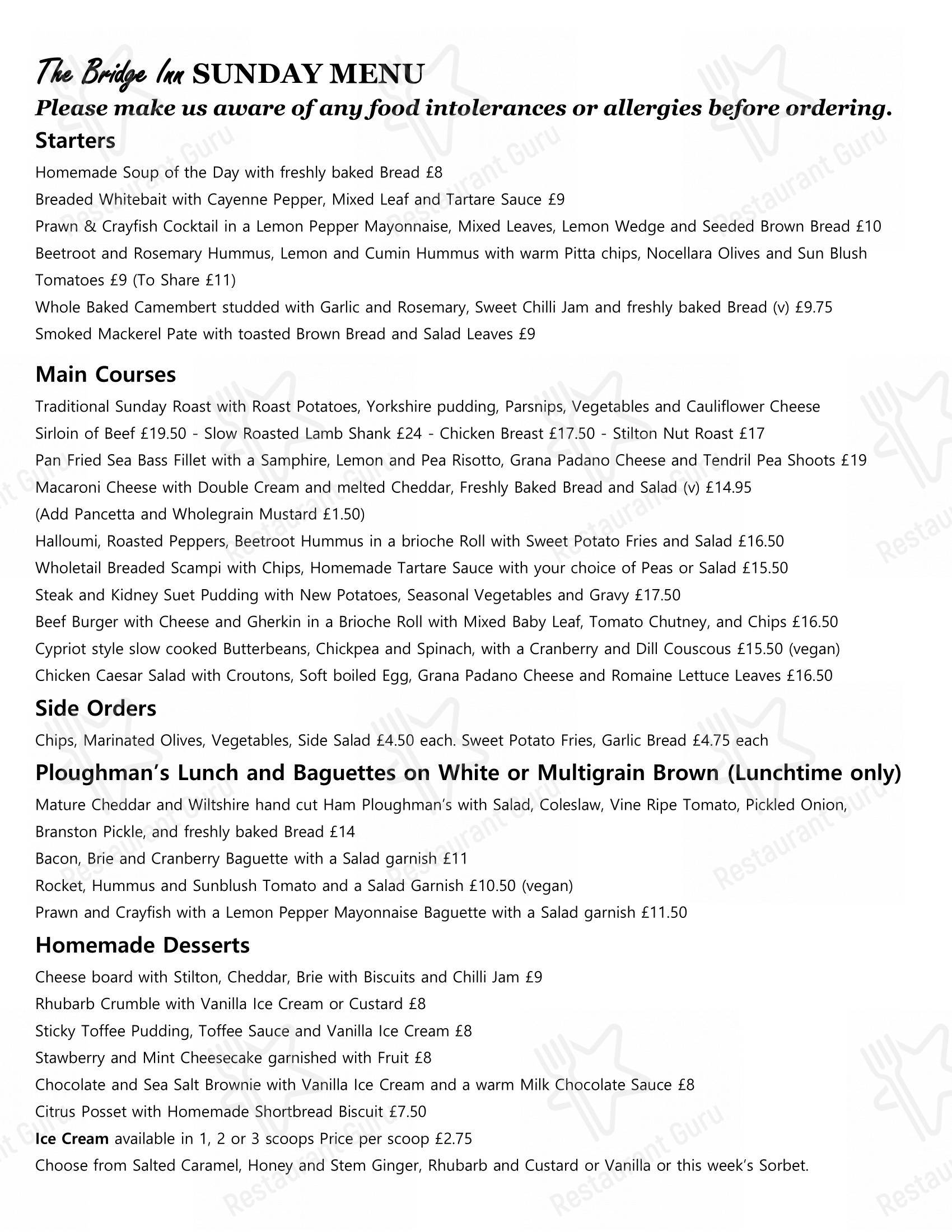 Menu at The Bridge Inn pub & bar, Arundel