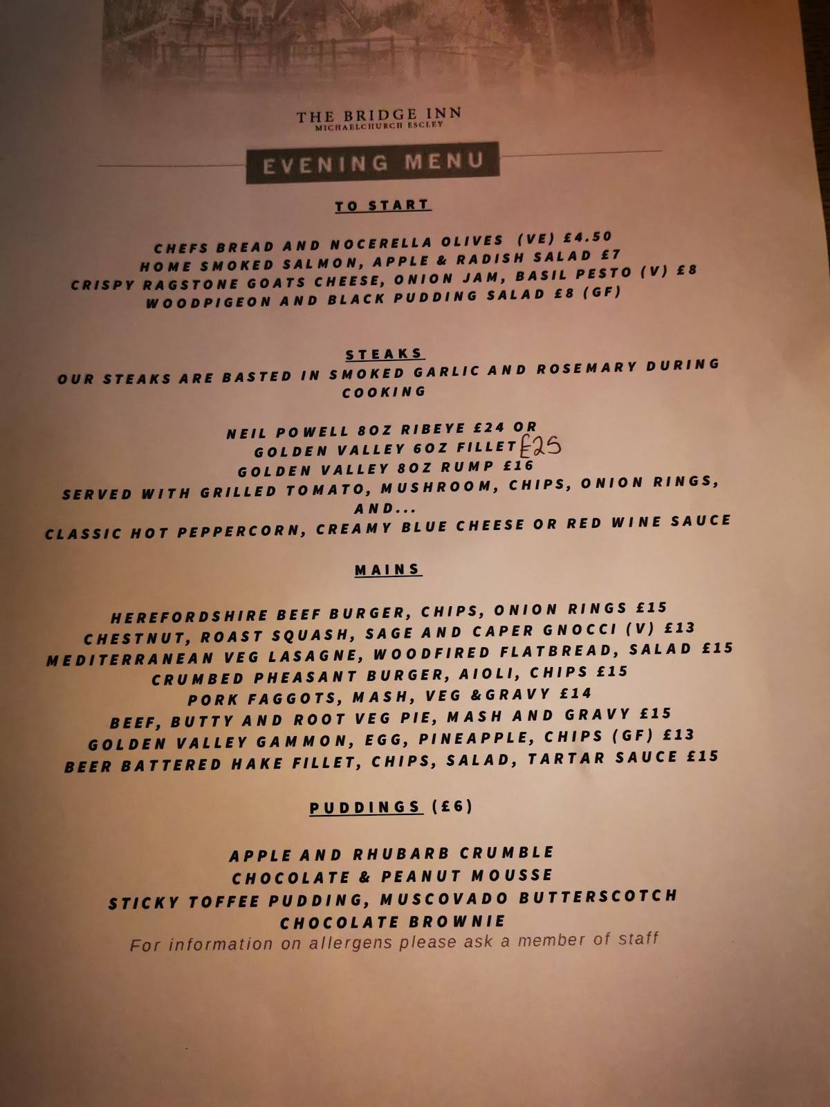 Menu at The Bridge Inn pub & bar, Michaelchurch Escley