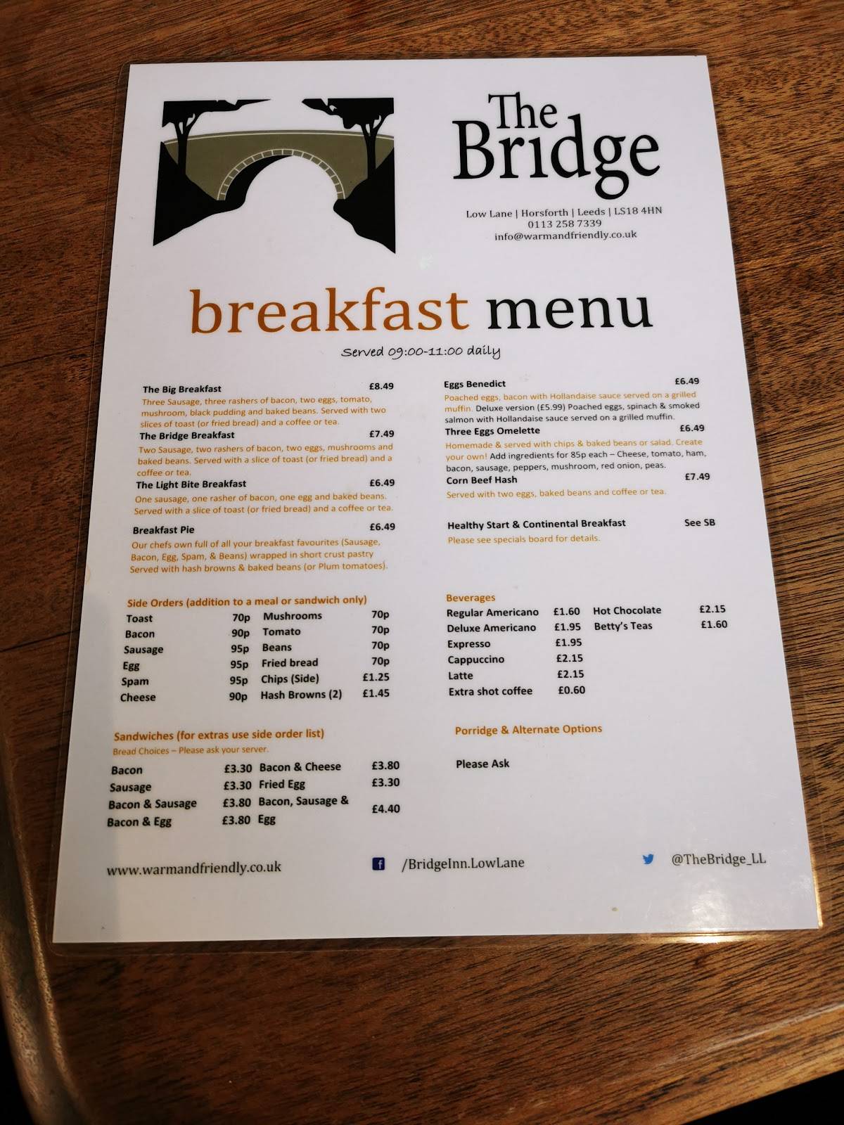 Menu at The Bridge pub & bar, Leeds, 1 Low Ln