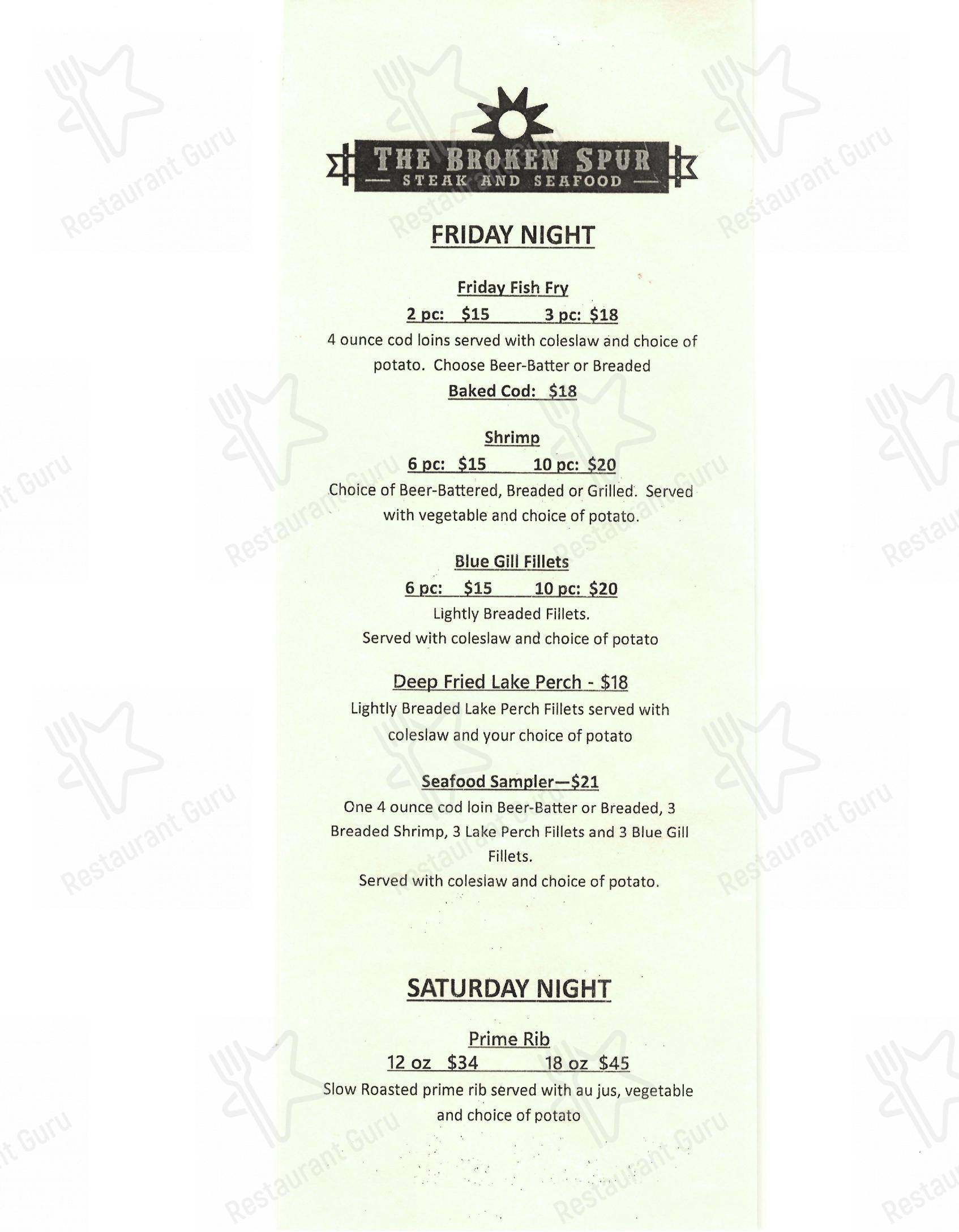 Menu at The Broken Spur Steak and Seafood steakhouse, Mauston