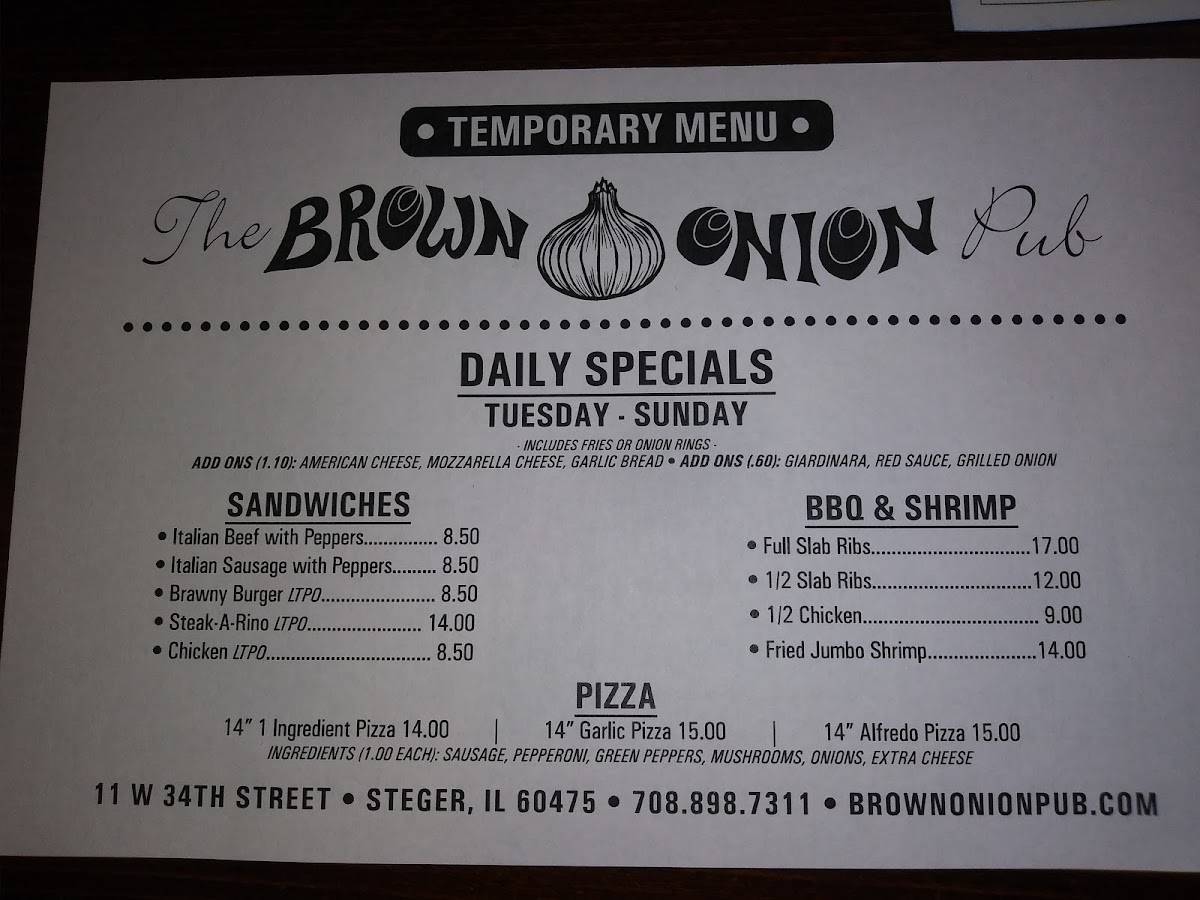 Menu at The Brown Onion pub & bar, Steger