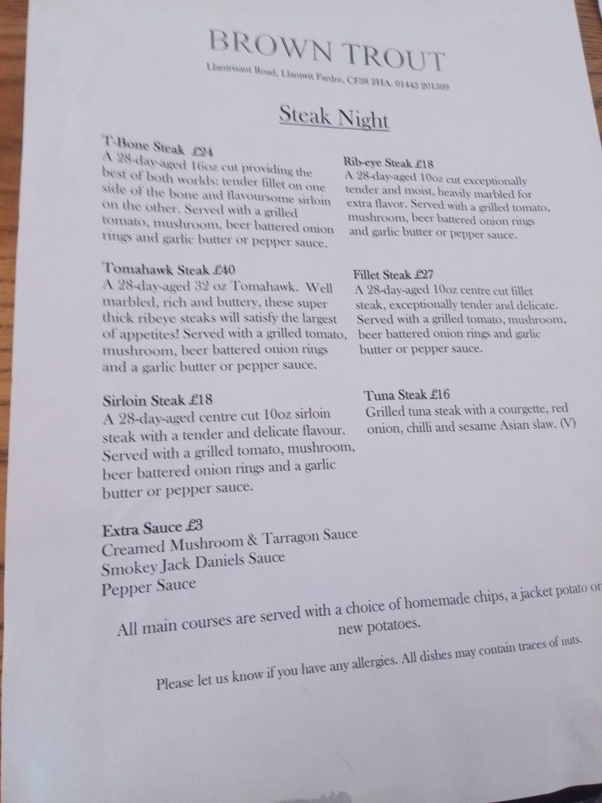 Menu at The Brown Trout Pub, Pontypridd