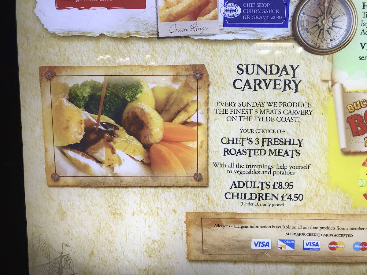 Menu at The Buccaneer restaurant, Blackpool