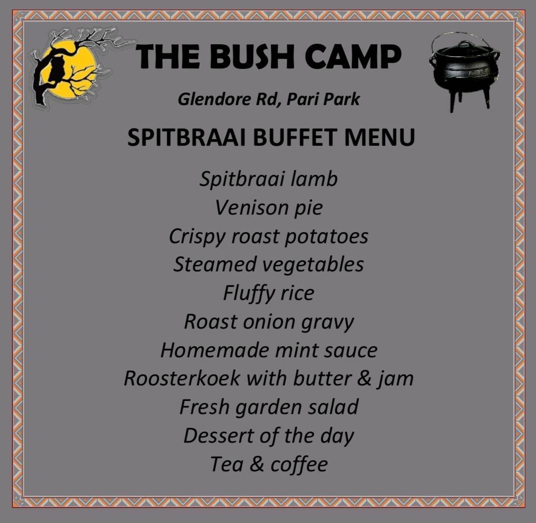 Menu at The Bush Camp restaurant, Port Elizabeth
