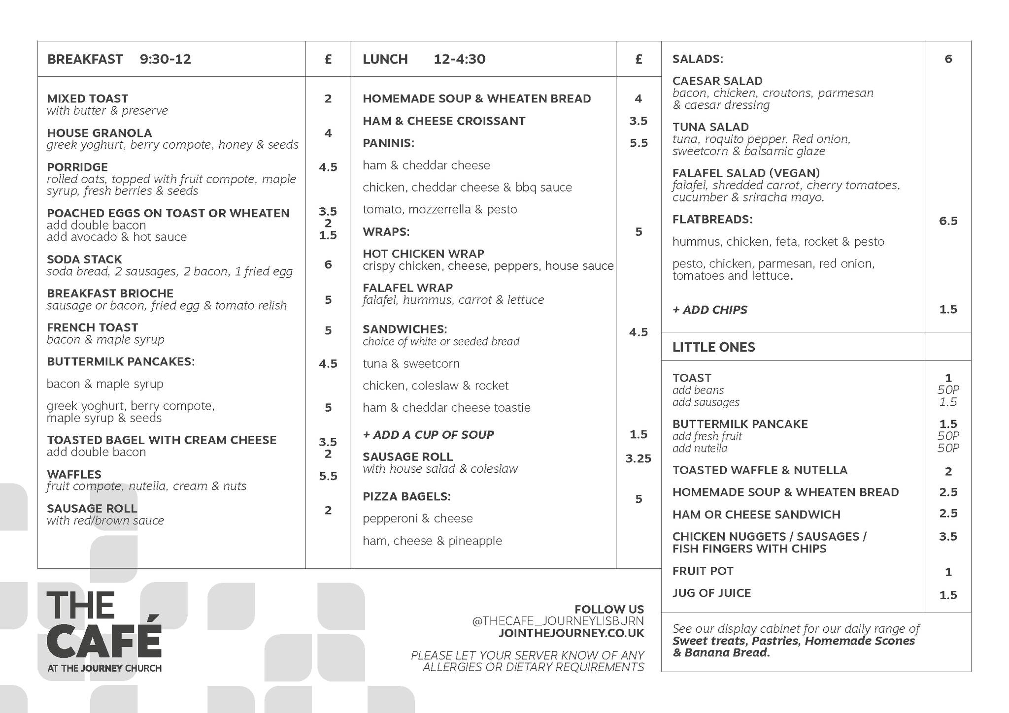 Menu at The Café @ The Journey Church cafe, Lisburn