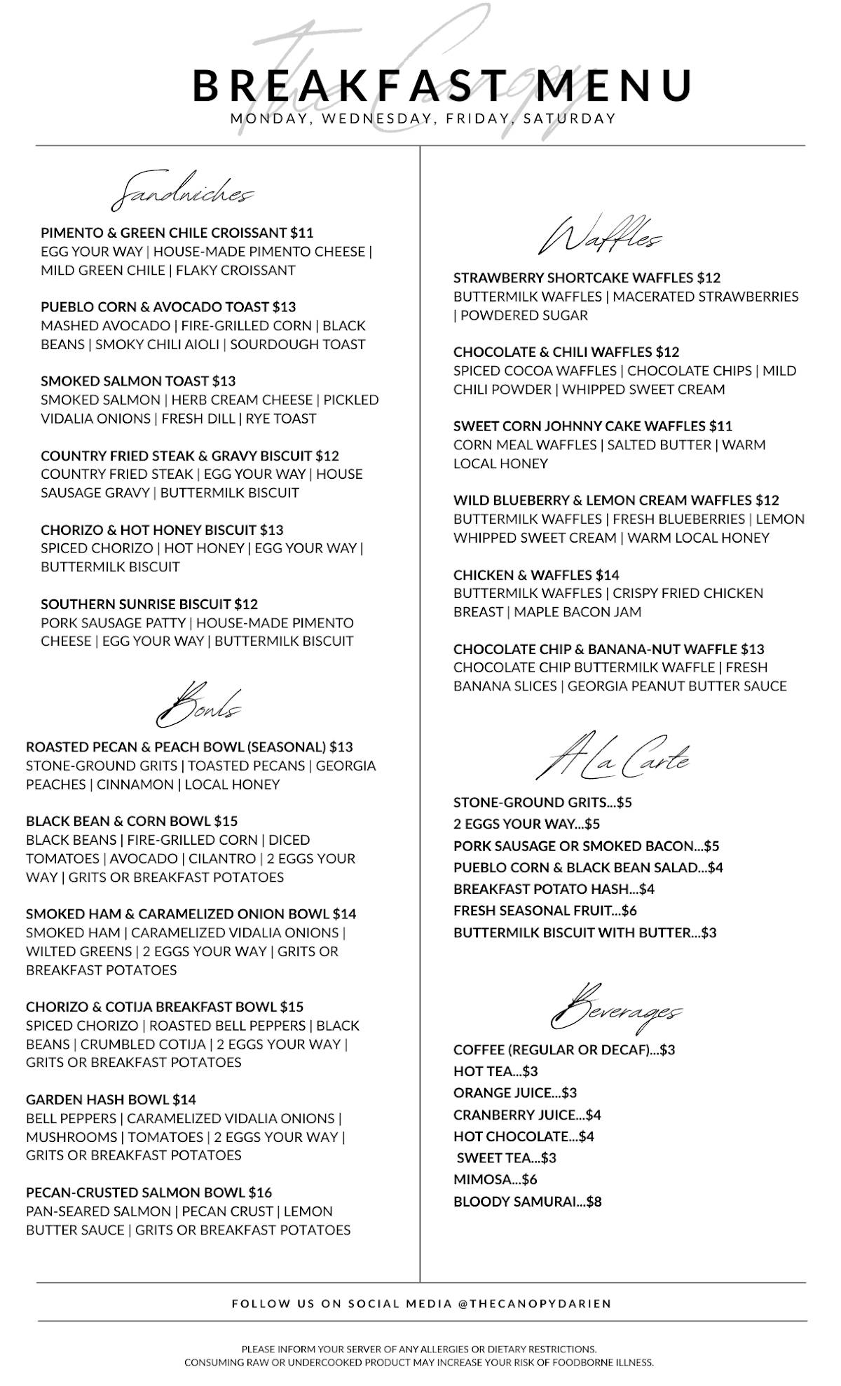 Menu at The Canopy Restaurant, Darien