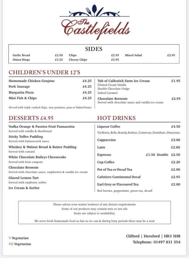 Menu at The Castlefields restaurant, Clifford, The Castlefields