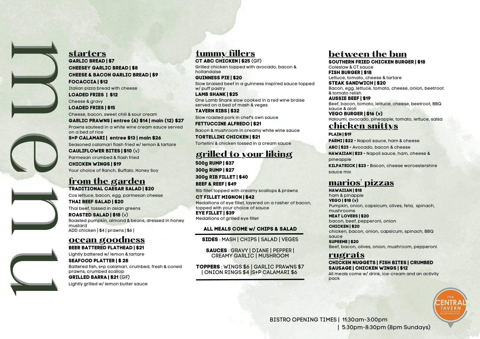 Menu at The Central Tavern Burpengary pub & bar, Burpengary