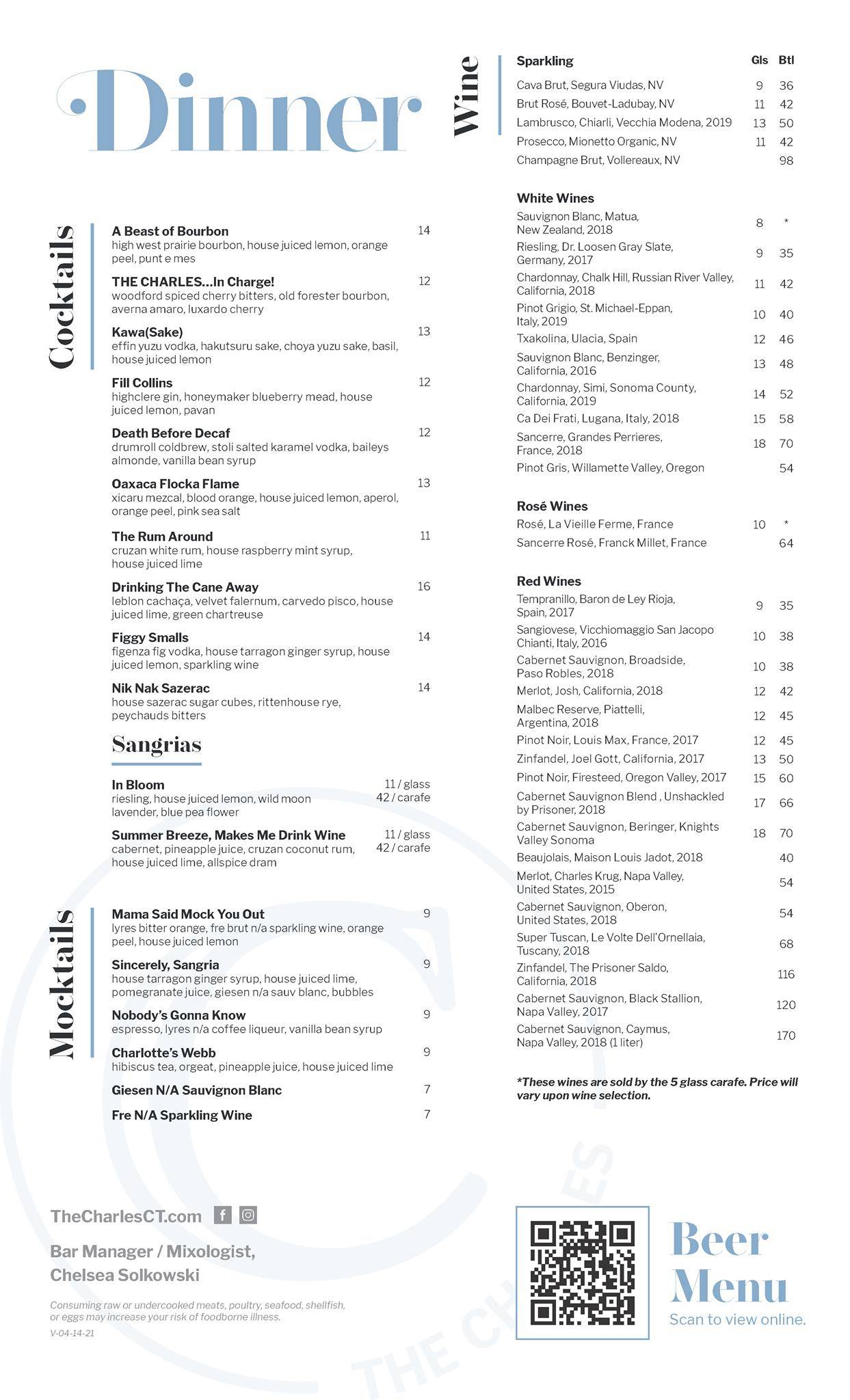 Menu at The Charles restaurant, Wethersfield