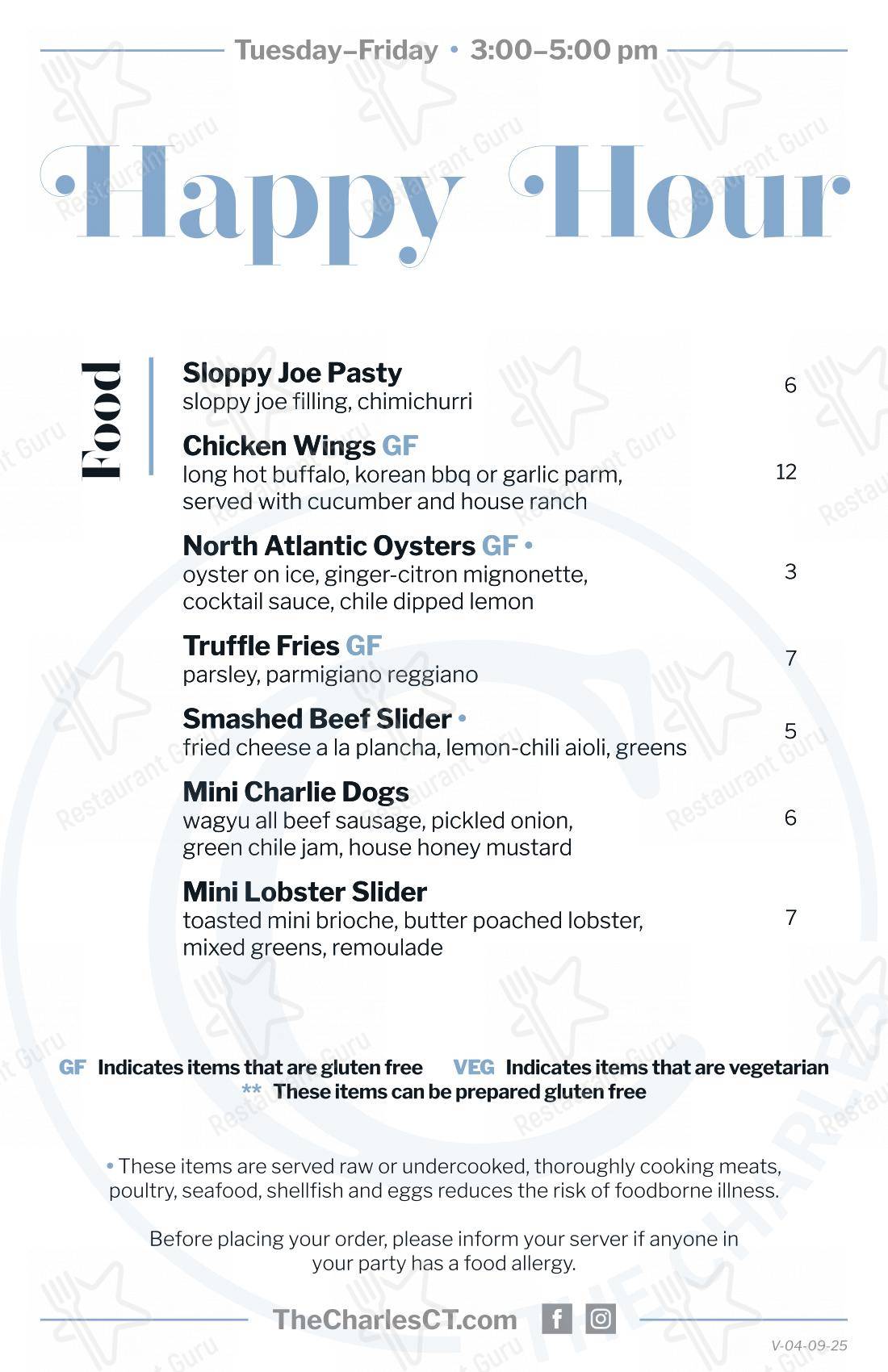 Menu at The Charles restaurant, Wethersfield