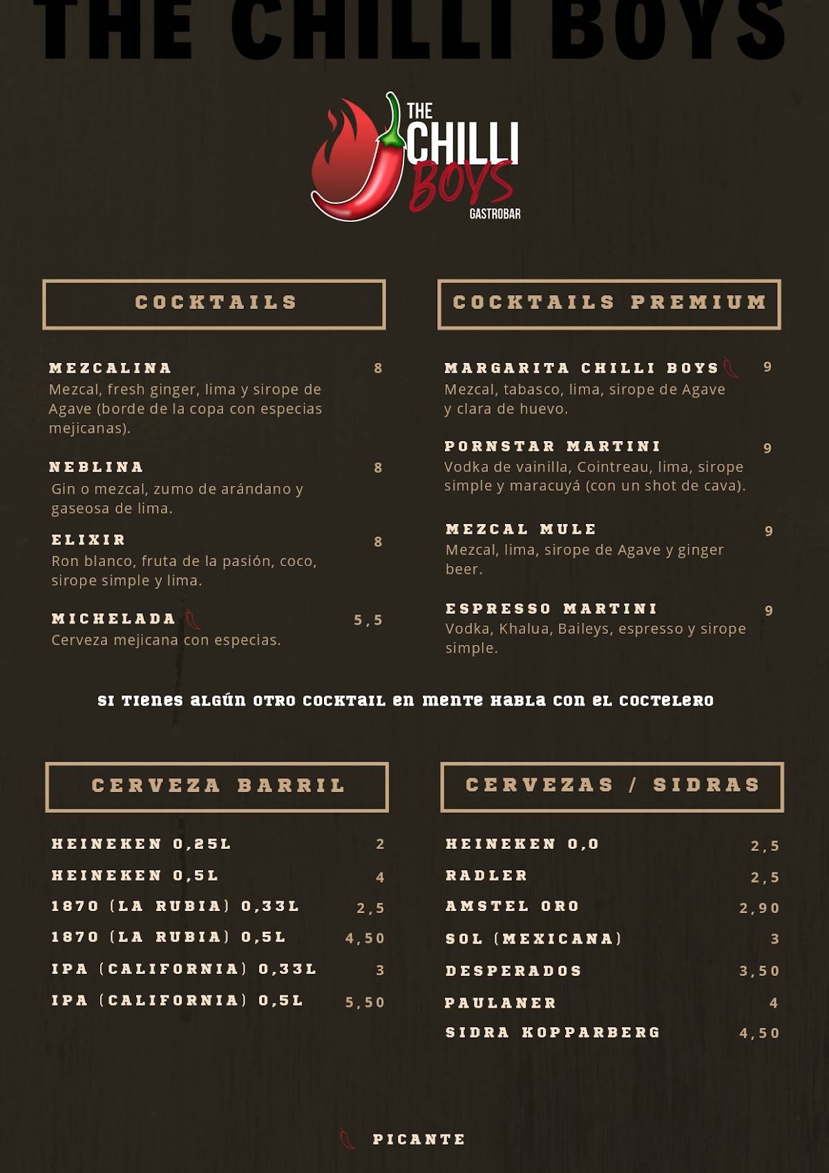 Carta del pub y bar The Chilli Boys, Sitges