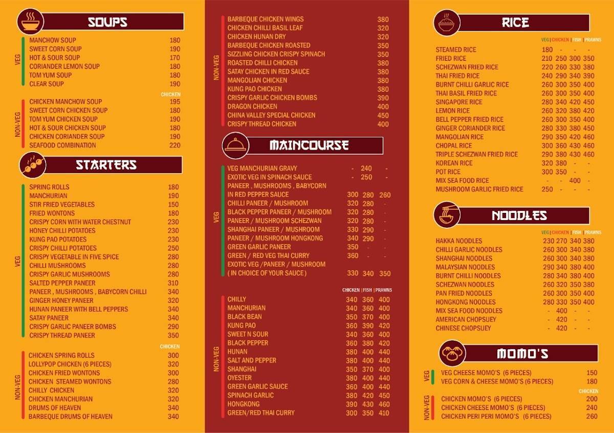 Menu at The China Valley, Mumbai