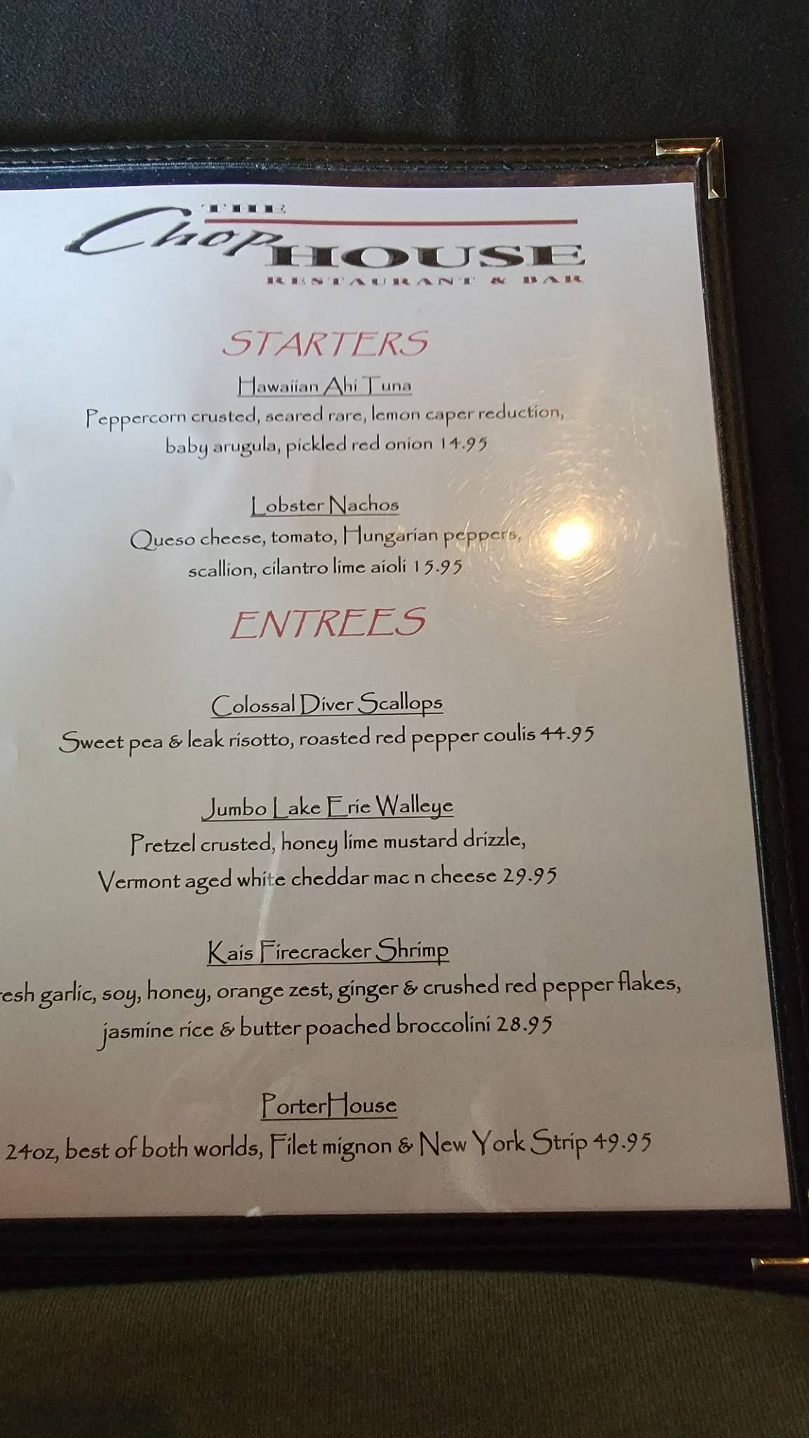 Menu at The Chophouse steakhouse, Warren