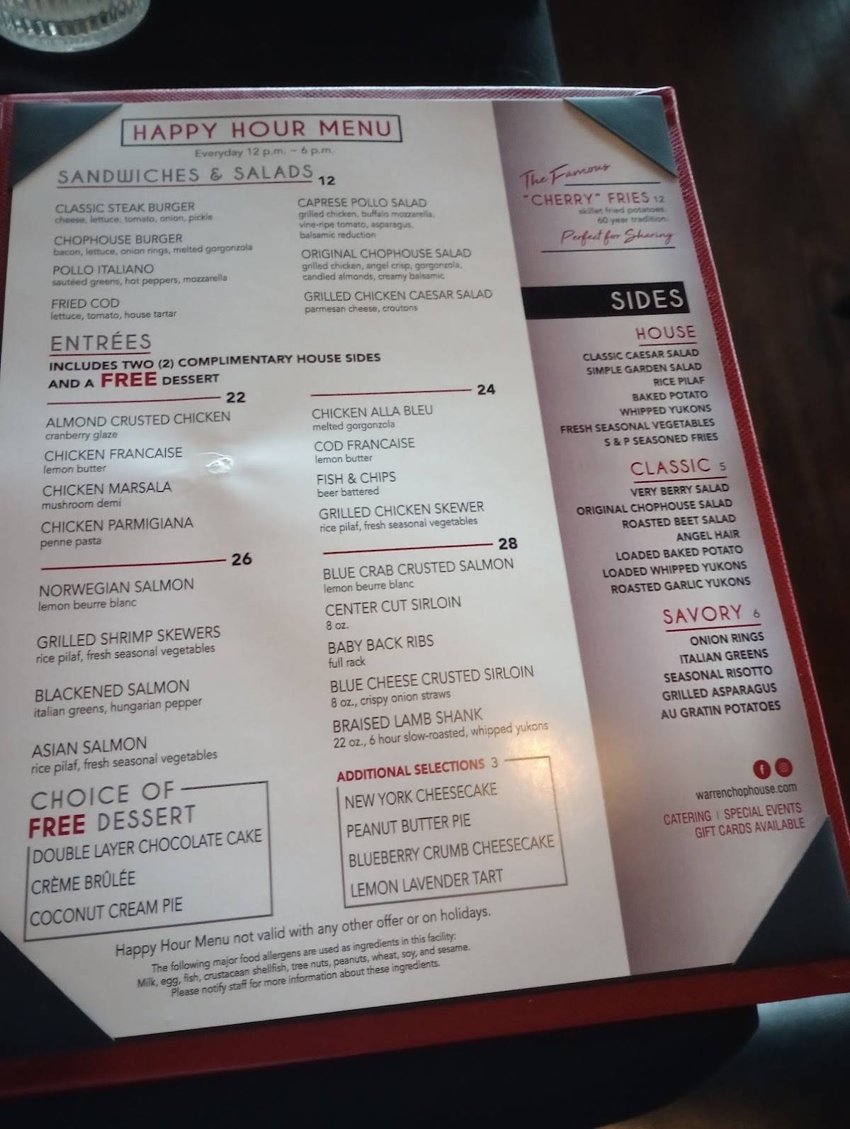 Menu at The Chophouse steakhouse, Warren