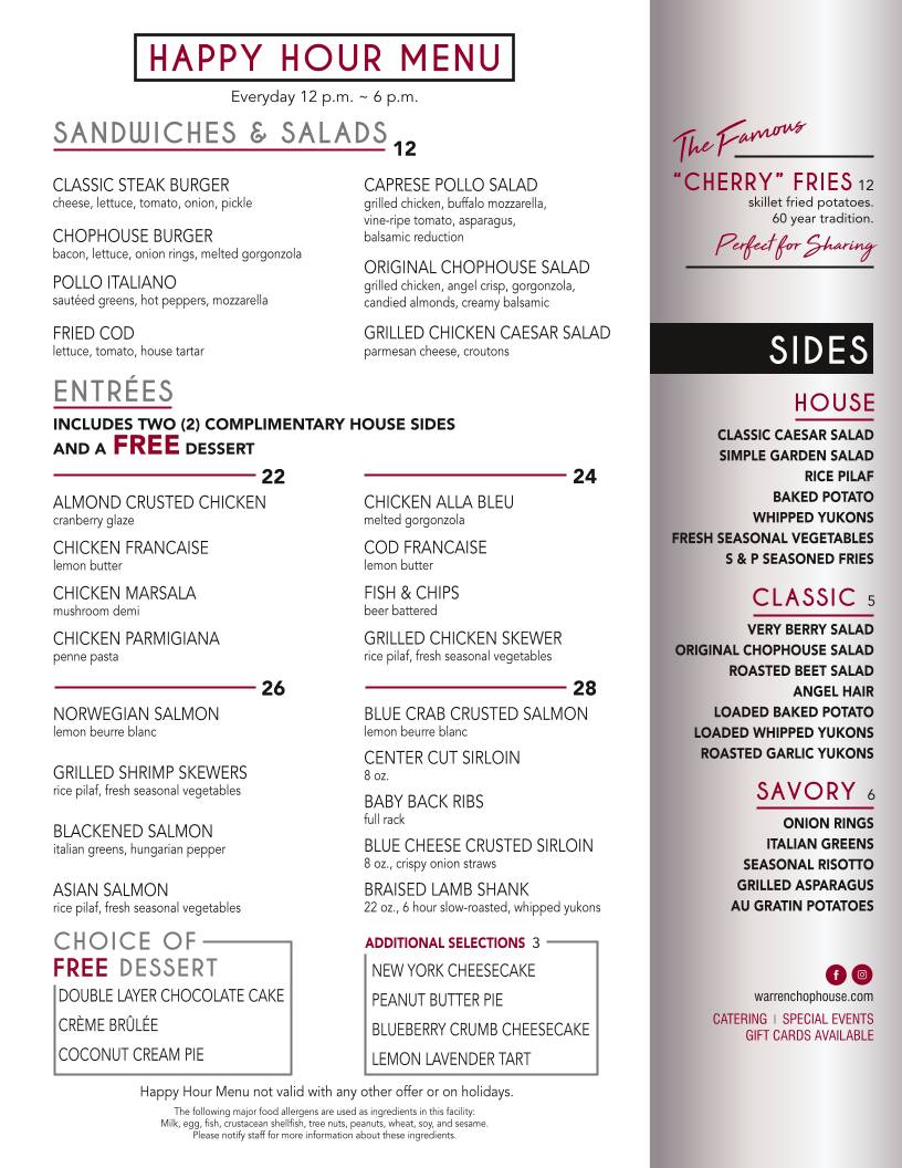 Menu at The Chophouse steakhouse, Warren