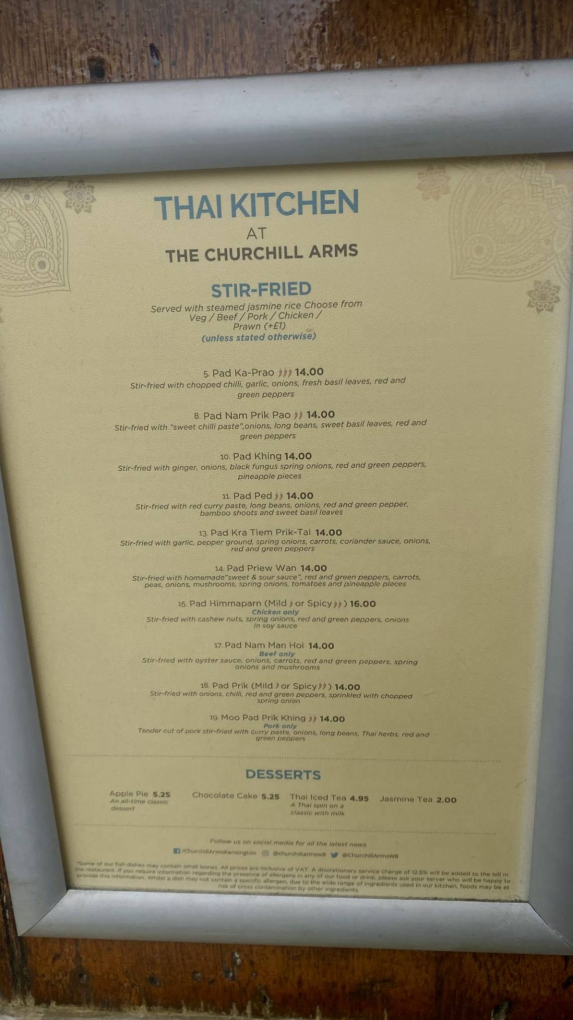 Menu at The Churchill Arms pub & bar, London, 119 Kensington Church St