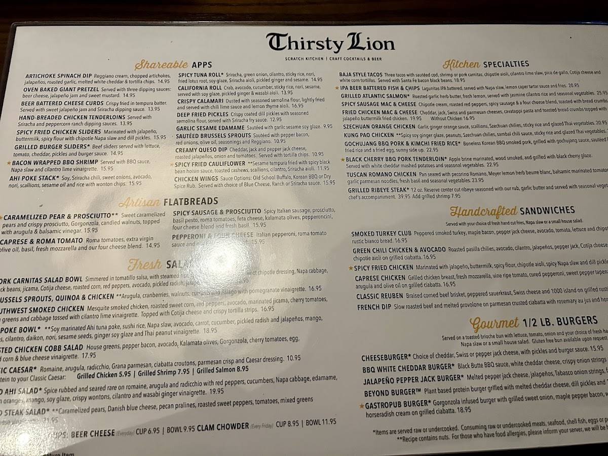 Menu at Thirsty Lion pub & bar, The Colony
