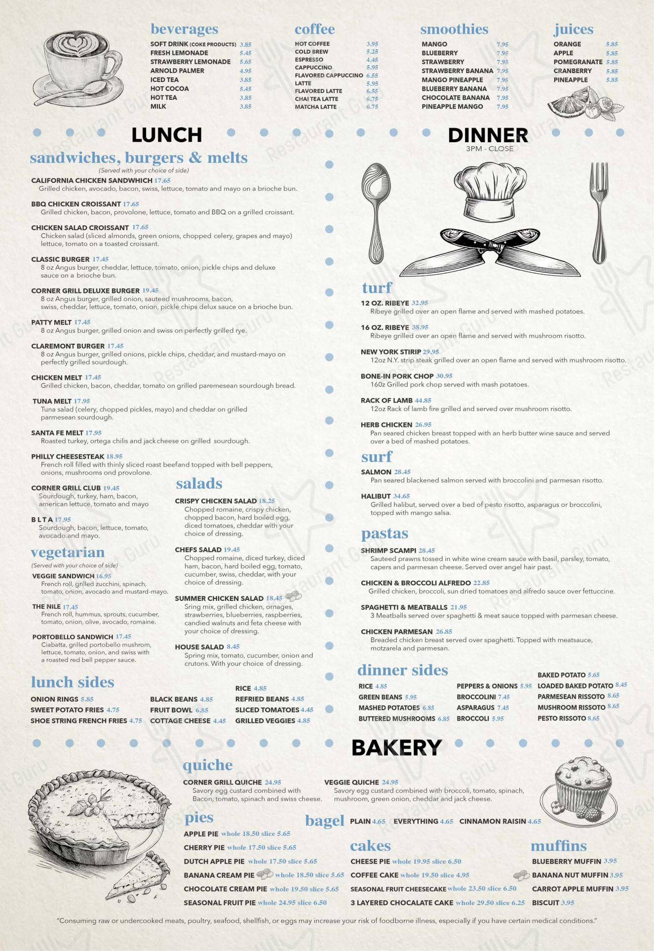Menu at The Corner Grill and Bakery, Claremont