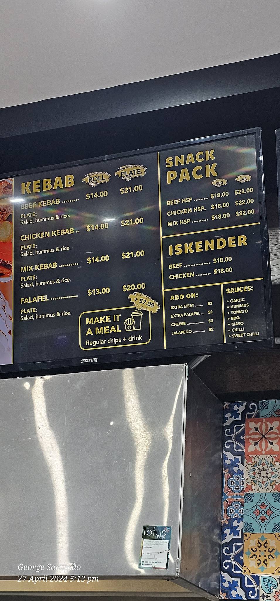Menu at The Corner Kebab restaurant, Alexandria