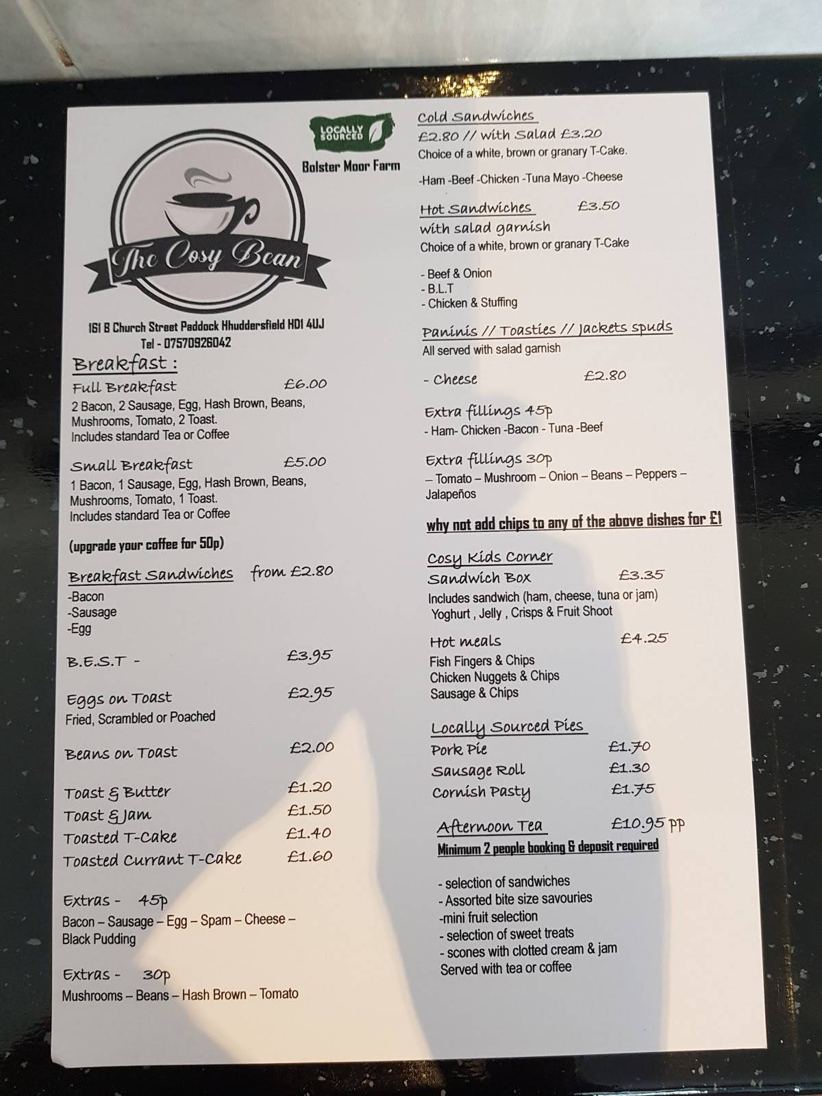 Menu at The Cosy Bean cafe, Huddersfield