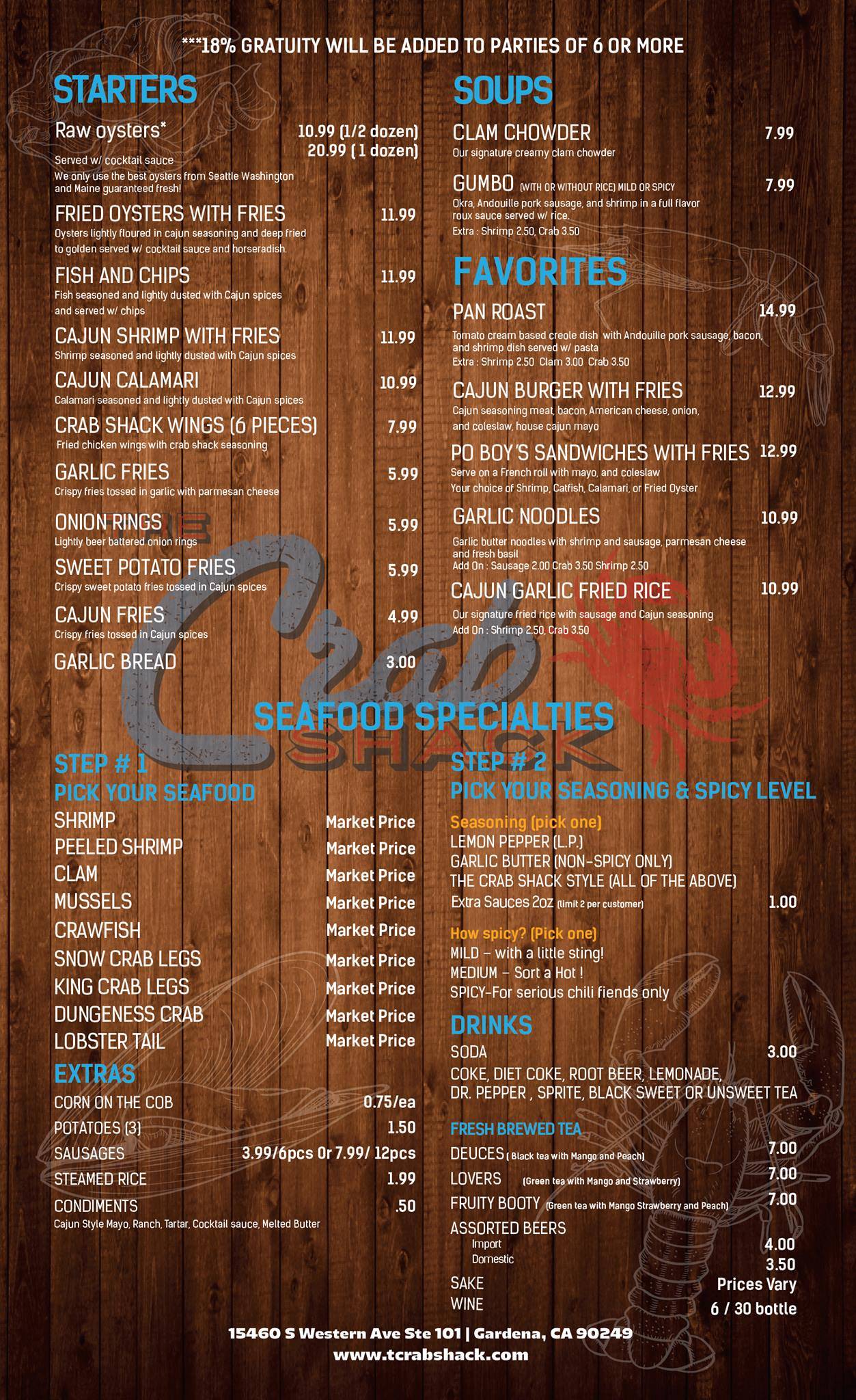 Menu at The Crab Shack at Carson restaurant, Carson