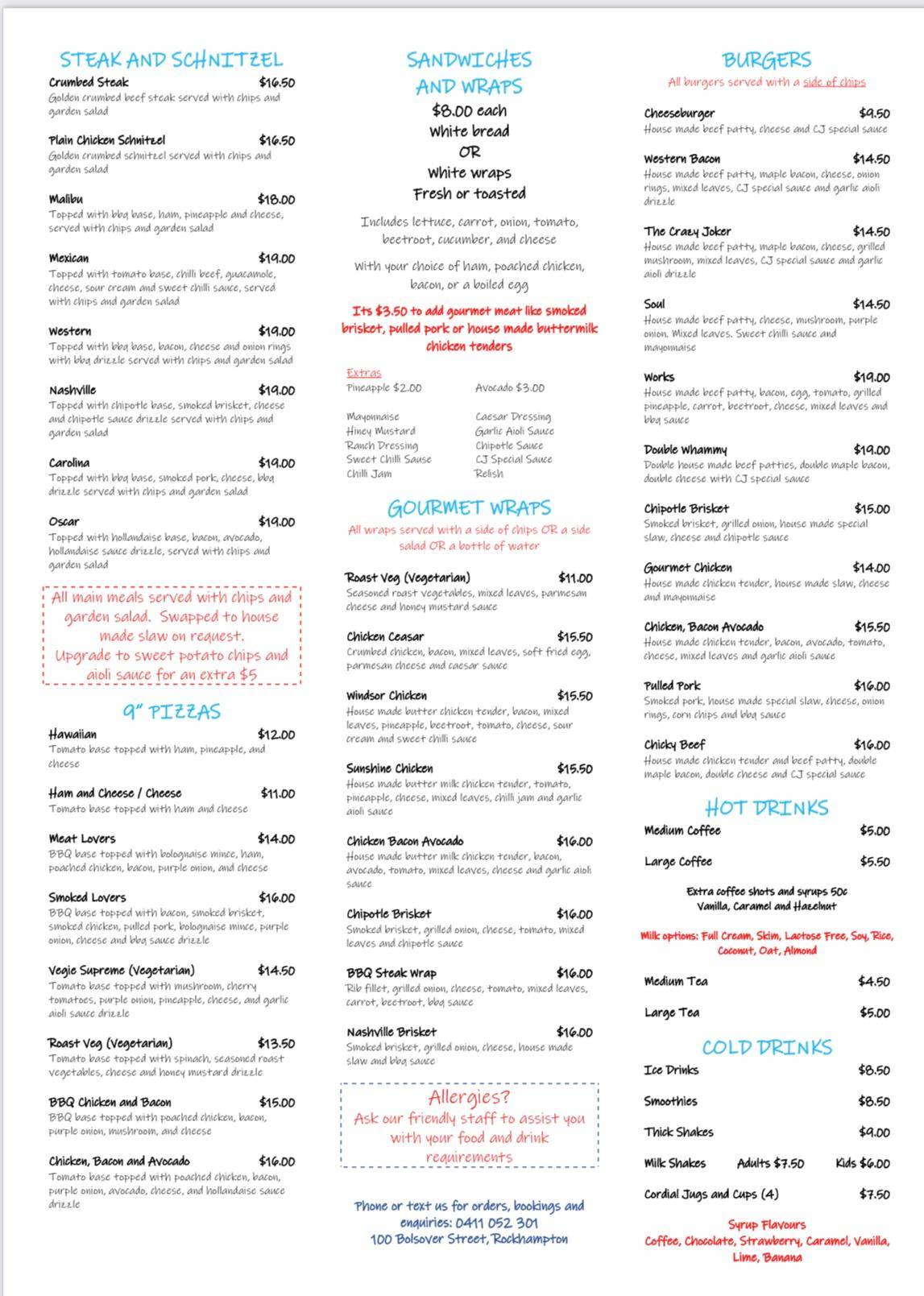 Menu at The Crazy Joker cafe, Rockhampton City