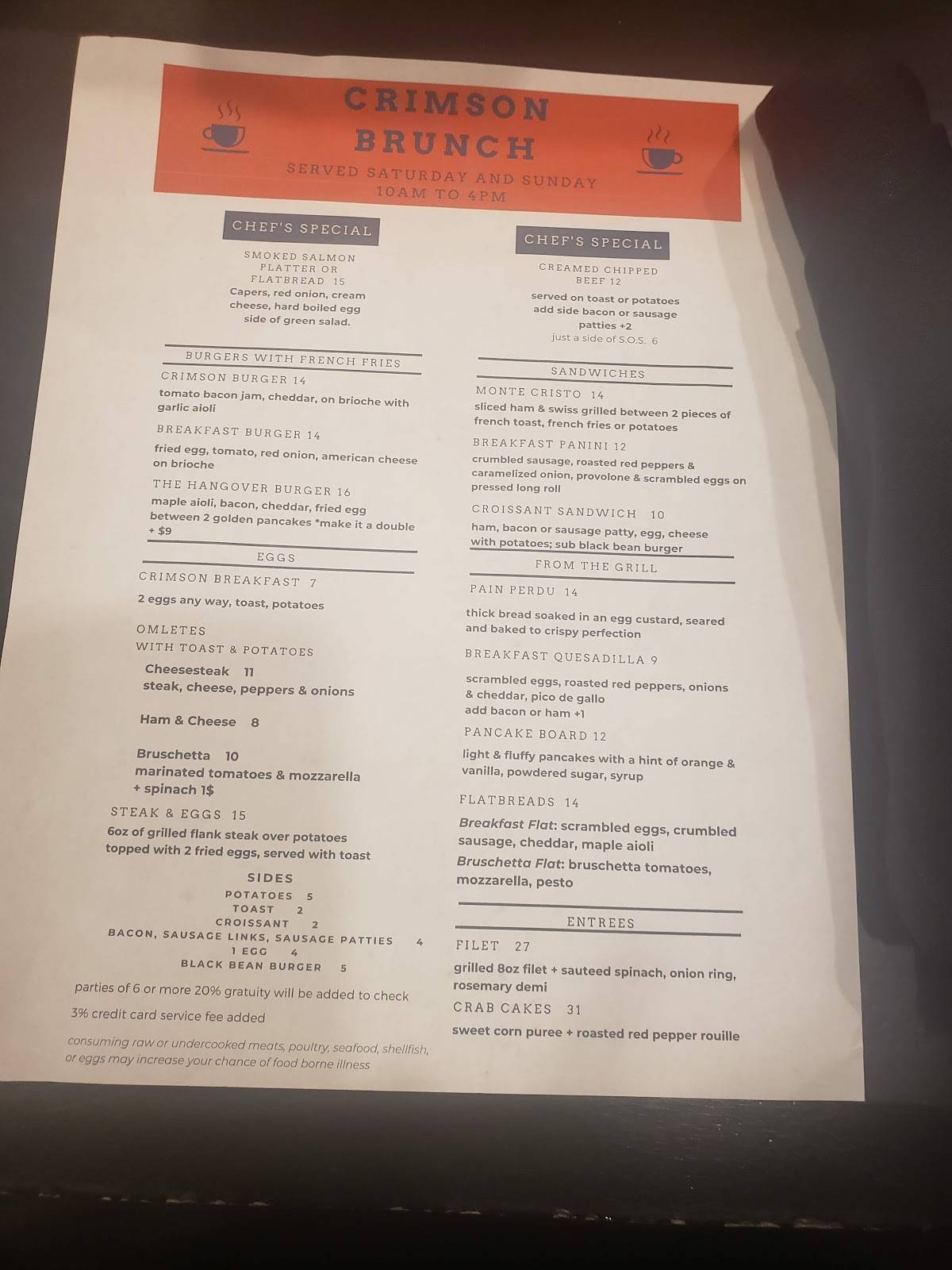 Menu at The Crimson House pub & bar, Pottsville