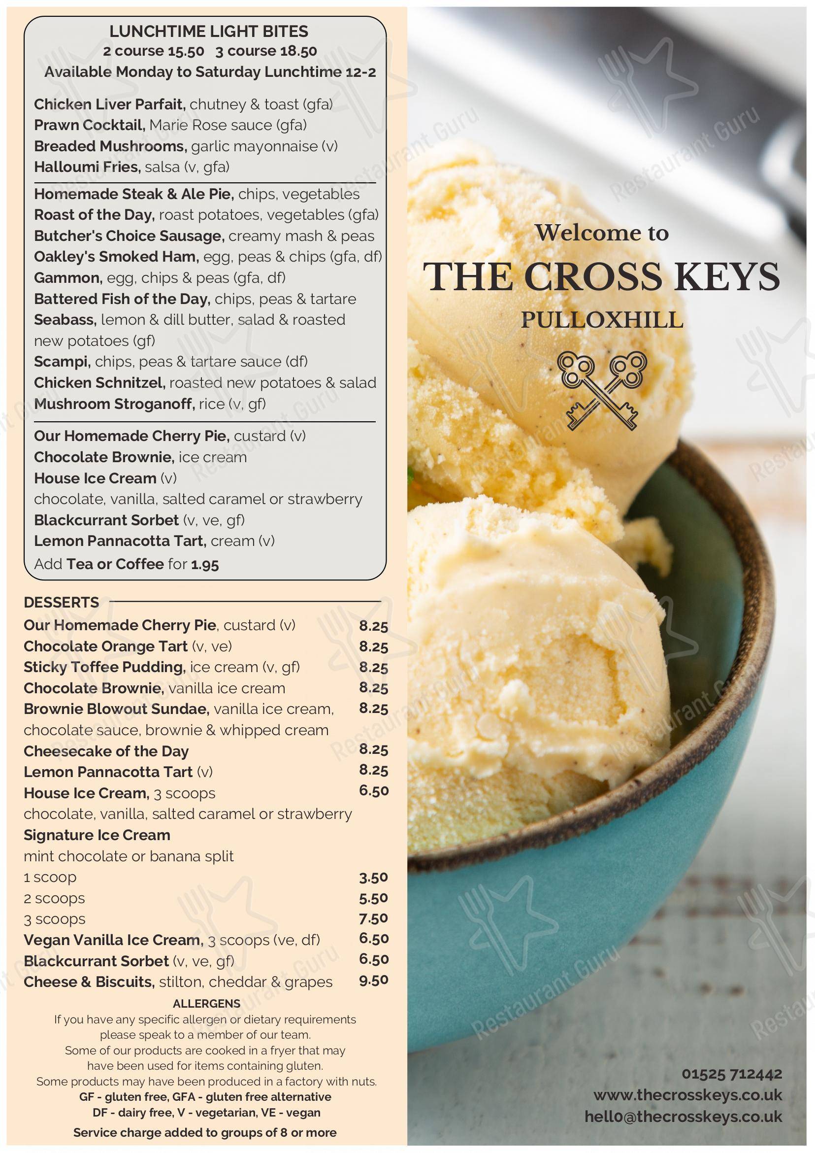 Menu at The Cross Keys restaurant, Pulloxhill