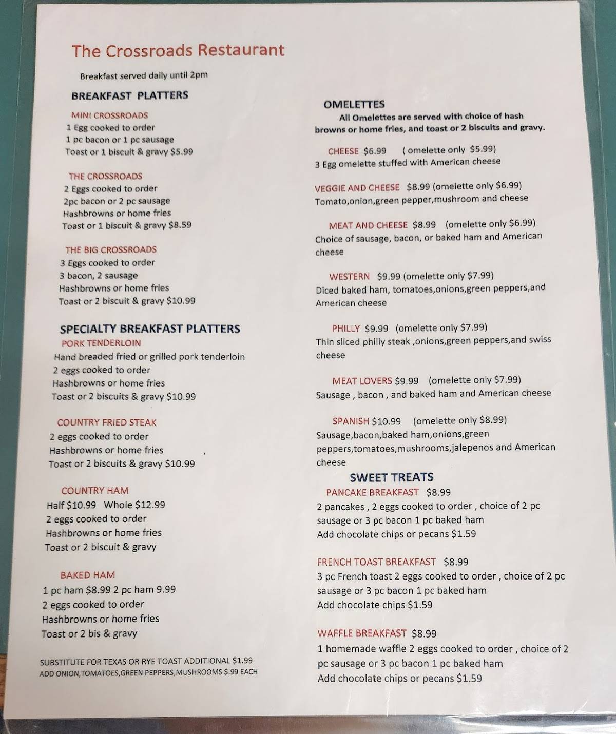 Menu at The Crossroads restaurant, Murray, 808 Chestnut St