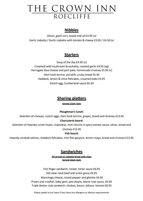 Menu at The Crown Inn restaurant, Roecliffe, Bar Ln