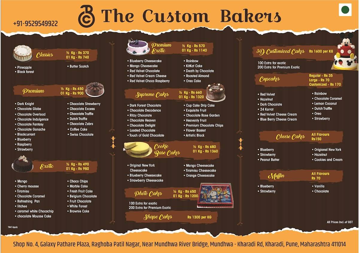 Menu at The Custom Bakers, Cakes Desserts & More (TCB), Pune