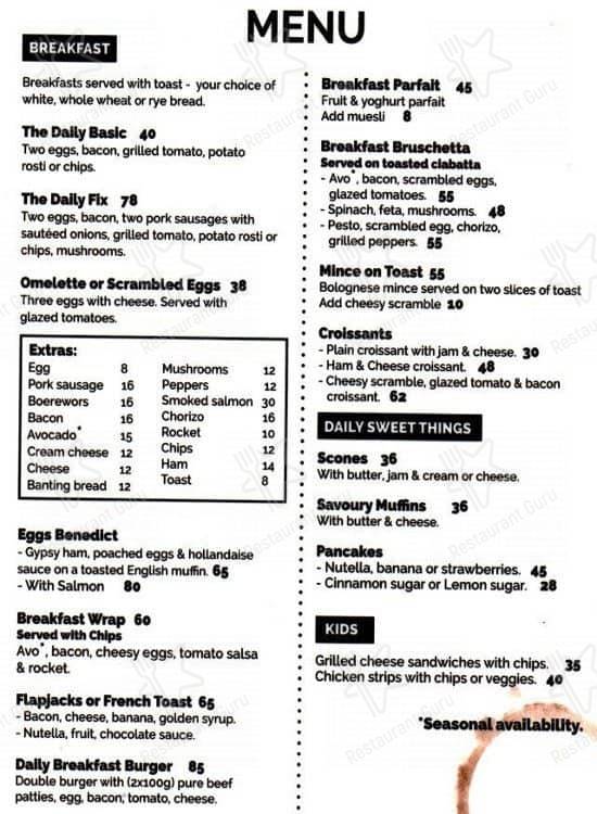 Menu at The Daily Coffee Cafe, Pretoria, Cnr. Mackenzie & 13th Streets